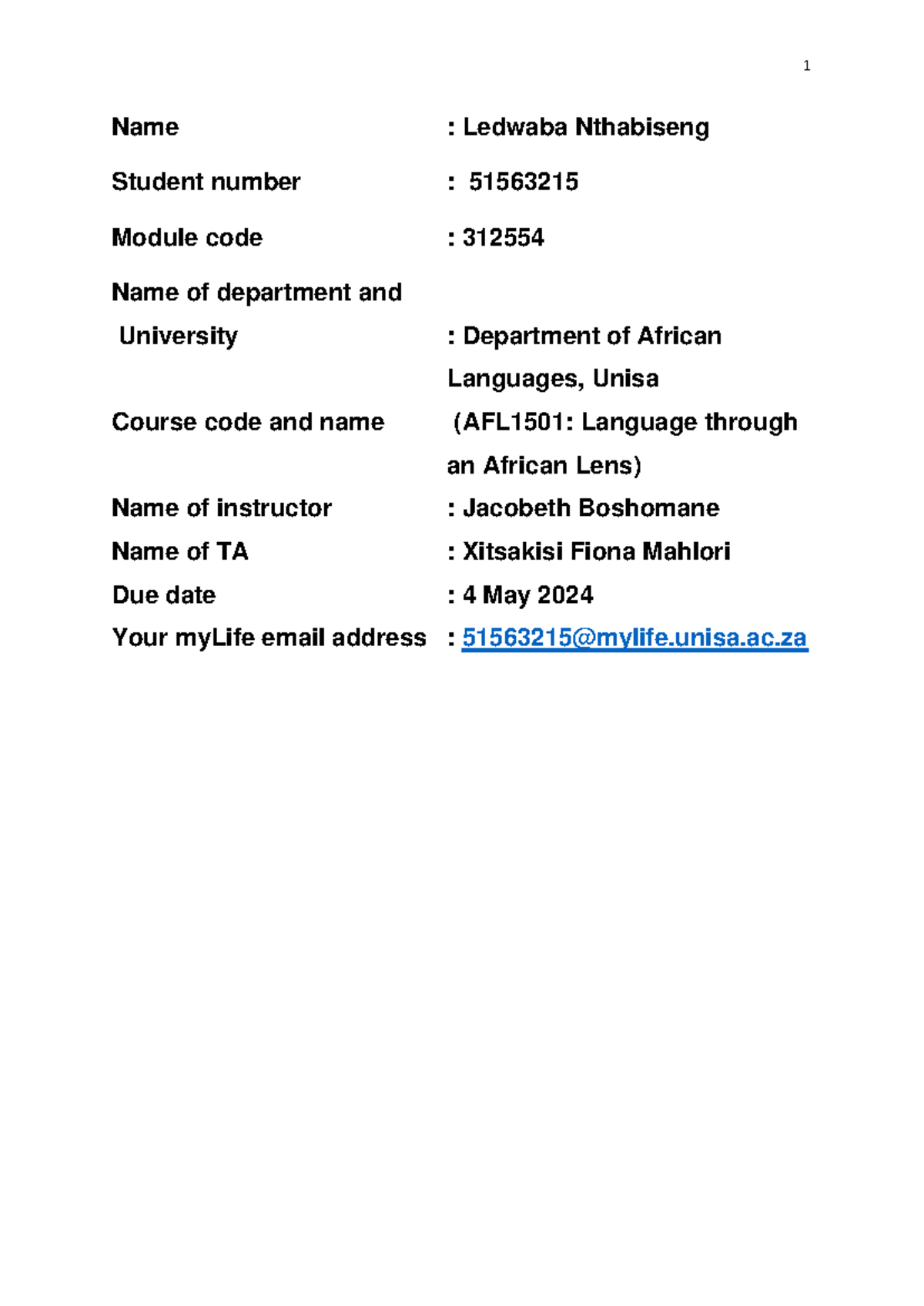 AFL1501 Assignment 3 - afl26 - Name : Ledwaba Nthabiseng Student number : 51563215 Module code ...