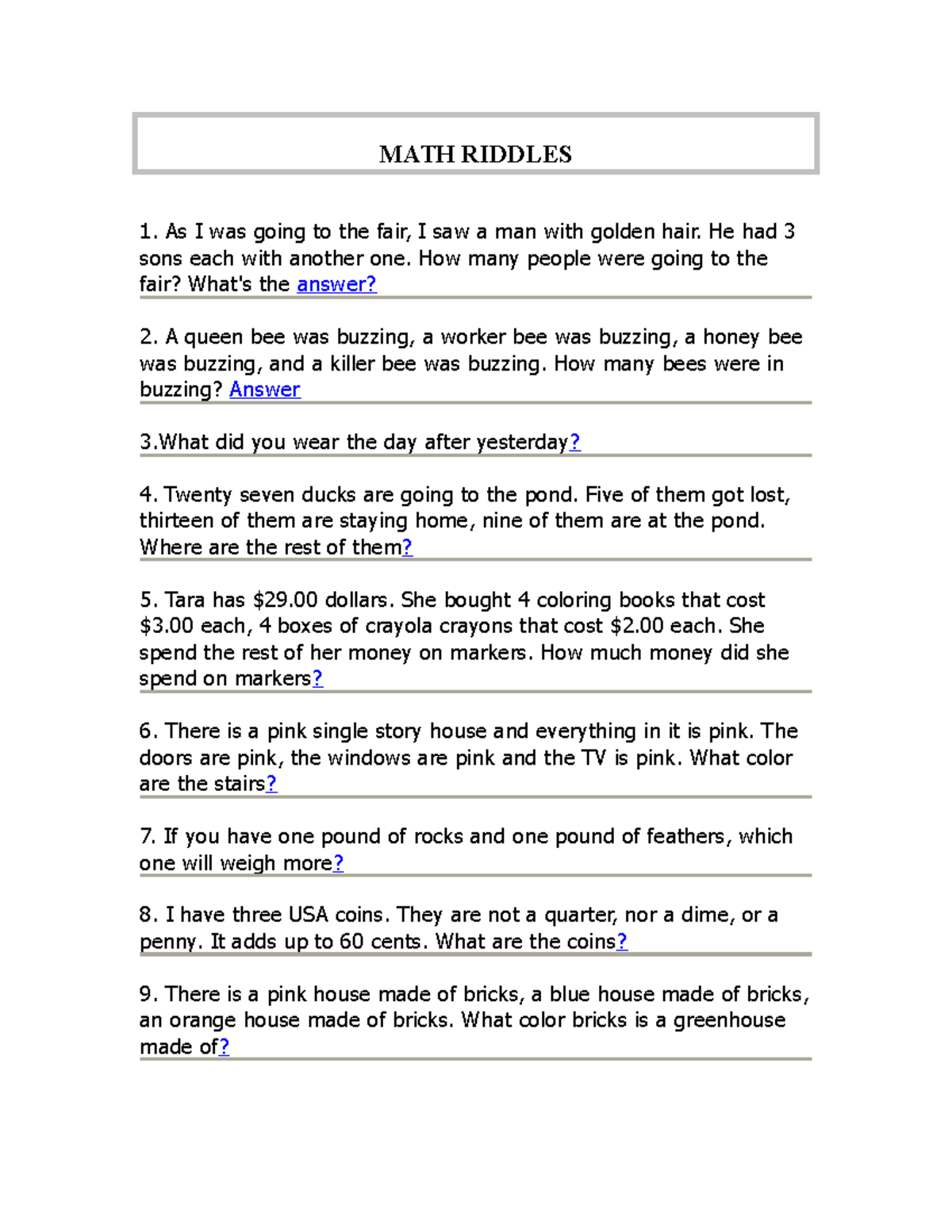 Math Ridldles - Math Riddles for Elementary Students - MATH RIDDLES As ...