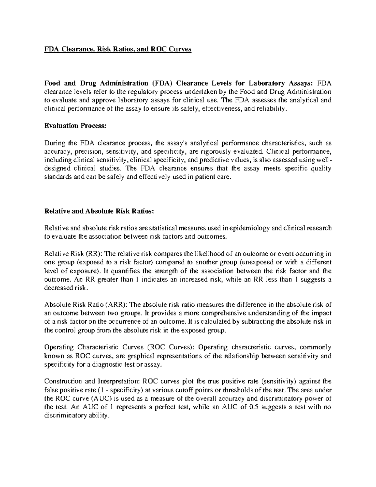 S - FDA Clearance, Risk Ratios, and ROC Curves - FDA Clearance, Risk ...