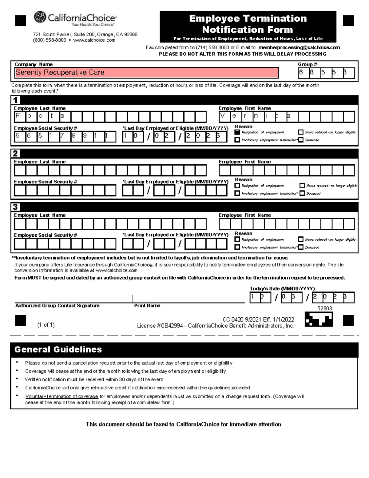 Employee Termination - Cal Choice Fillable - Company Name Employee ...