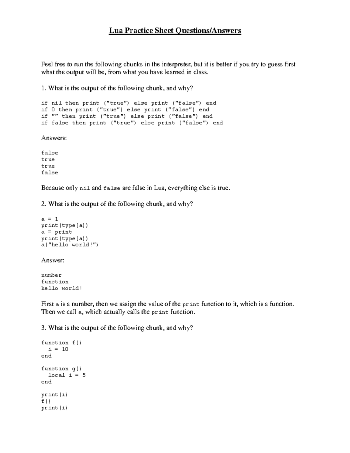 Lua Practice Sheet Questions/Answers - Lua Practice Sheet Feel free to ...