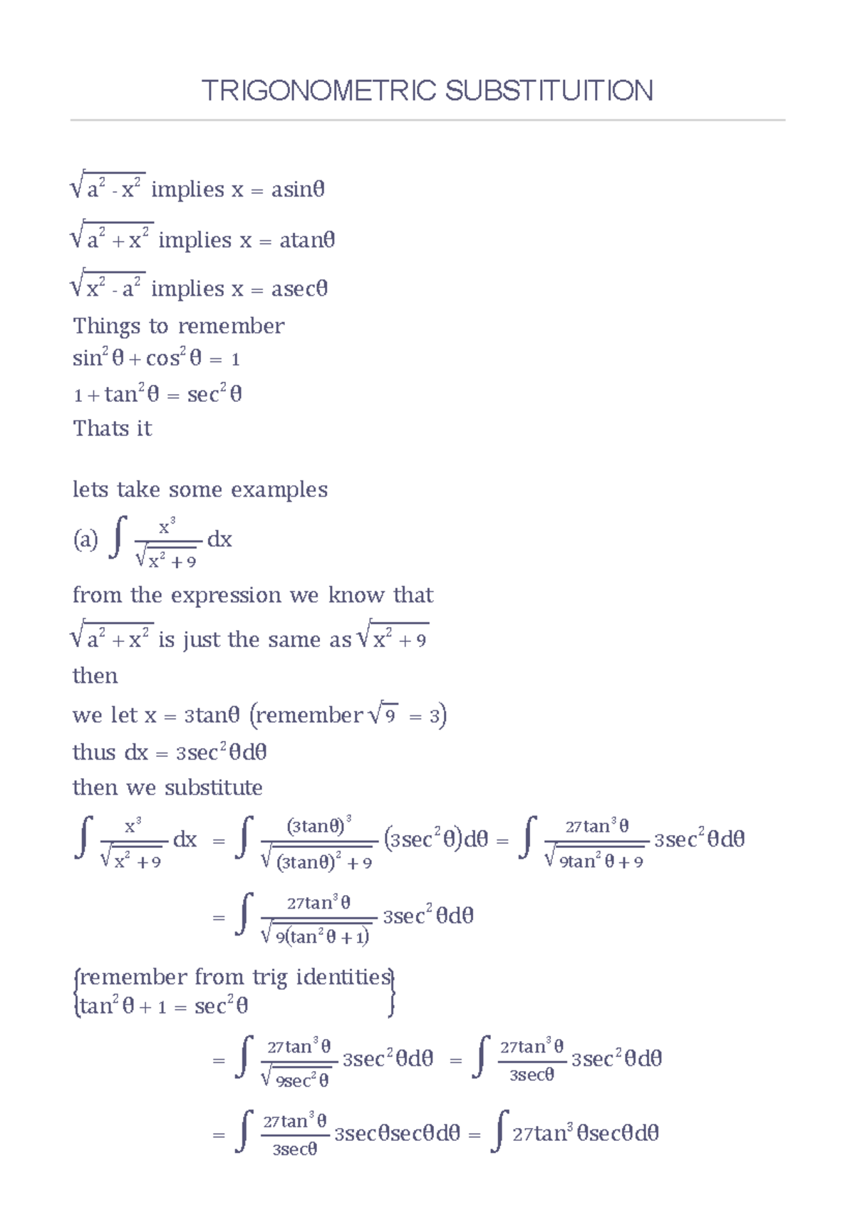 Trigonometric Substitution - TRIGONOMETRIC SUBSTITUITION √ 2 a - 2 x ...