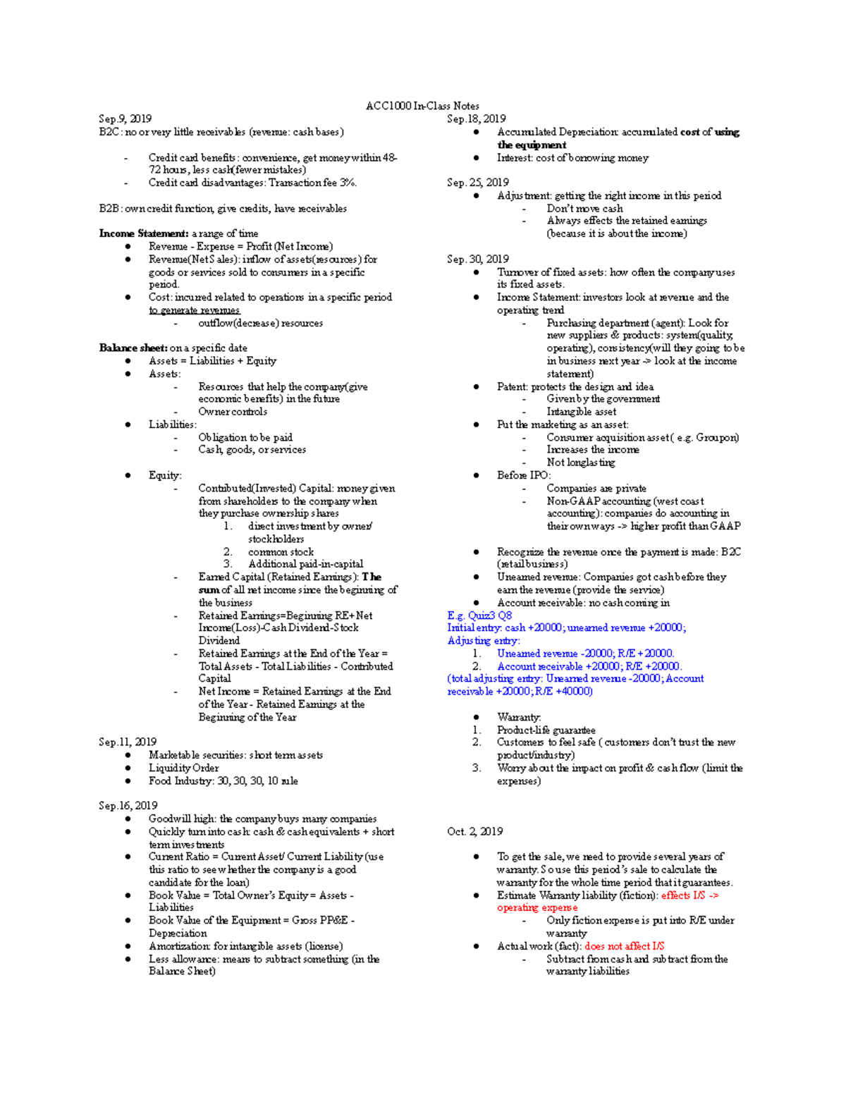ACC1000 In-Class Notes - final - ACC1000 In-Class Notes Sep, 2019 B2C ...