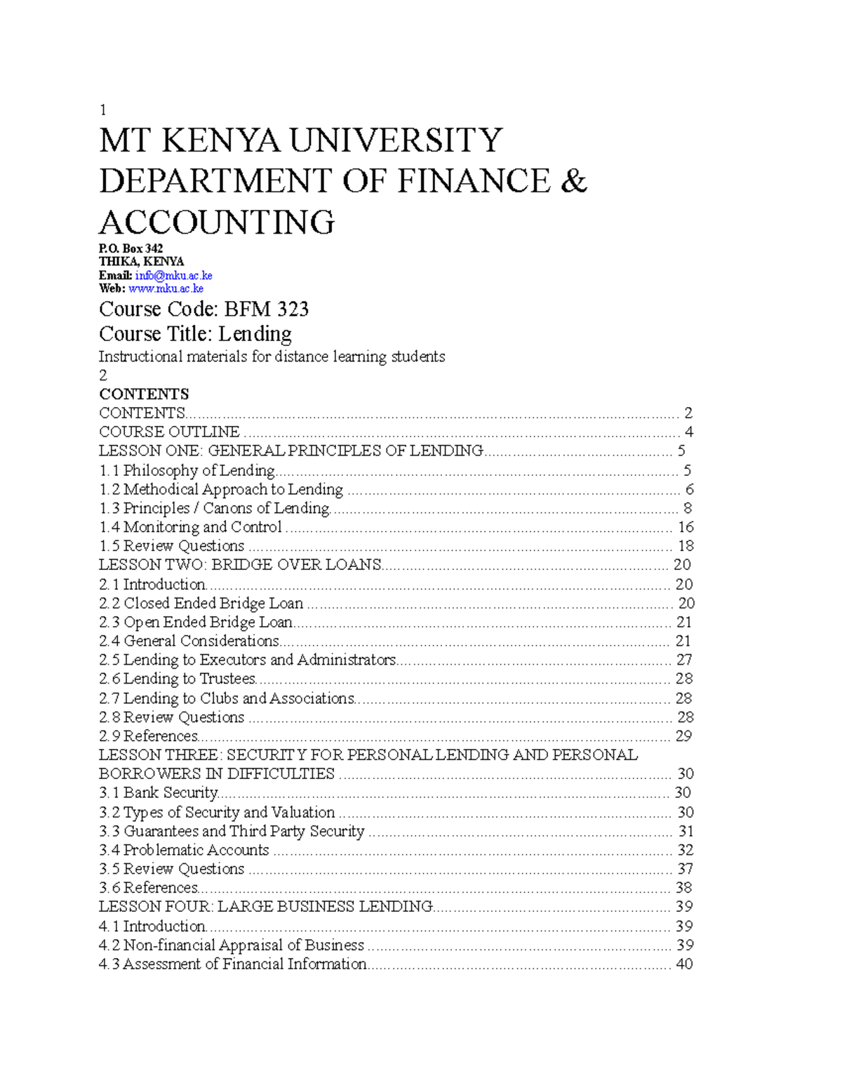 Lending - MT KENYA UNIVERSITY DEPARTMENT OF FINANCE & THIKA, KENYA ...