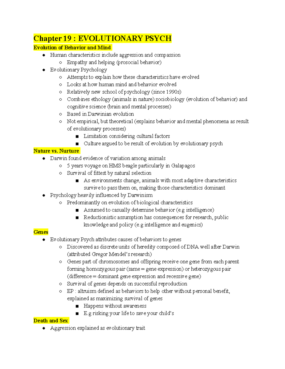 Week 13 psych - Chapter 19 : EVOLUTIONARY PSYCH Evolution of Behavior and Mind Human - Studocu