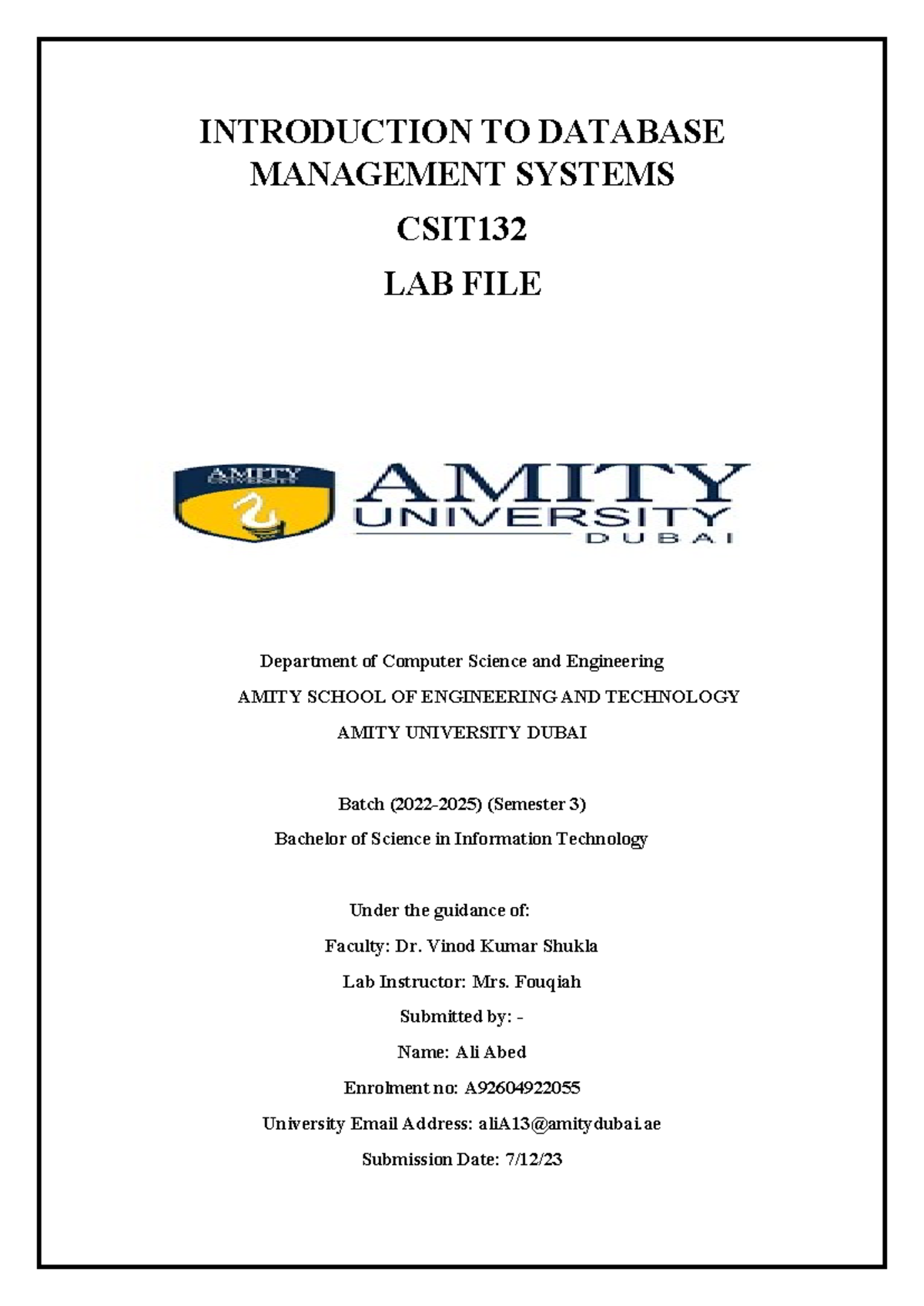 DBMS lab file - INTRODUCTION TO DATABASE MANAGEMENT SYSTEMS CSIT LAB FILE Department of Computer ...