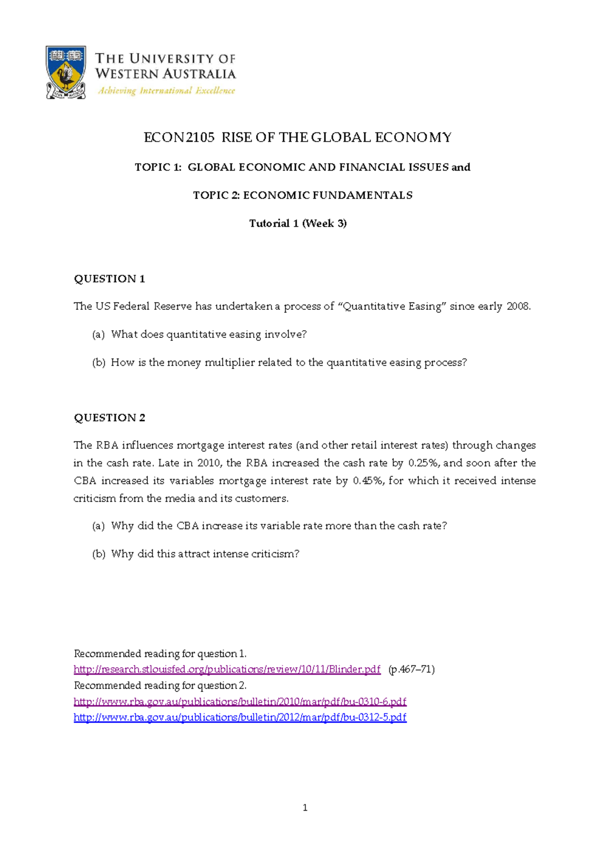 Practical - Tutorial questions weeks 3-12 - TOPIC 1: GLOBAL ECONOMIC AND FINANCIAL ISSUES and ...
