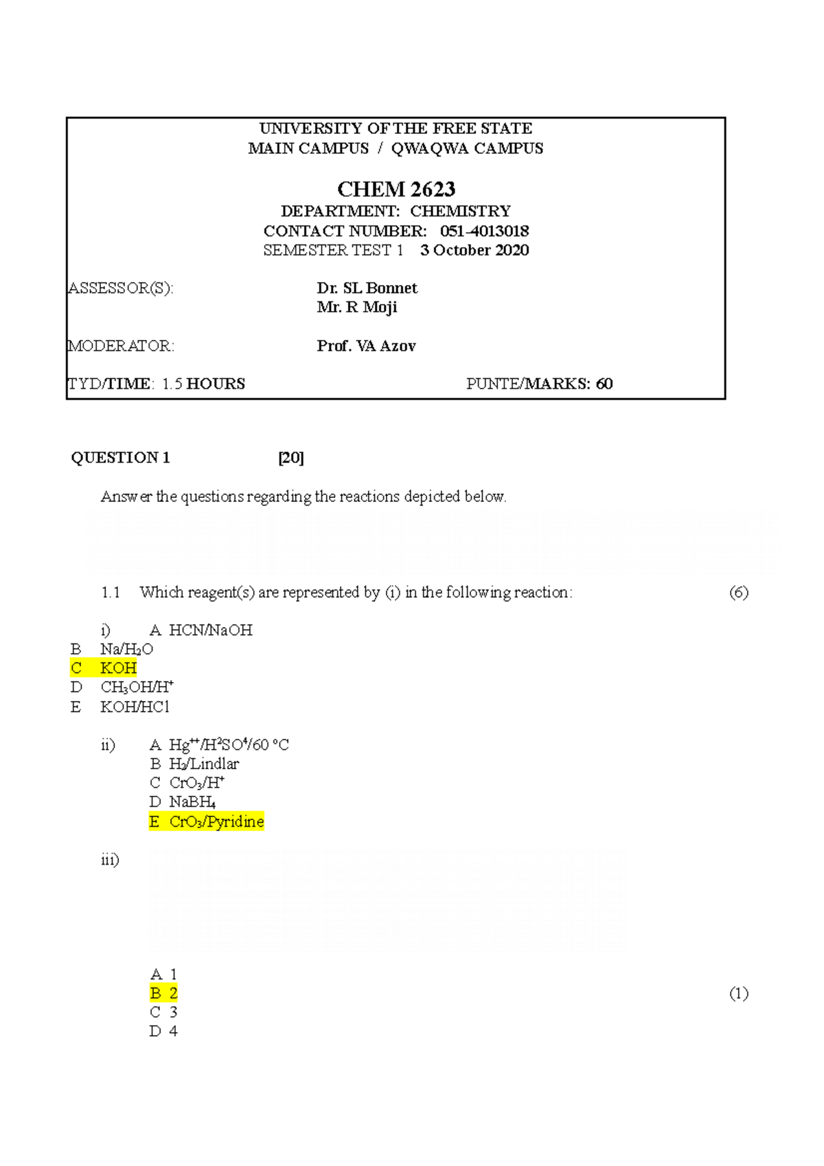 2020 CHEM2623 Semester Test 1 - QUESTION 1 [20] Answer the questions ...