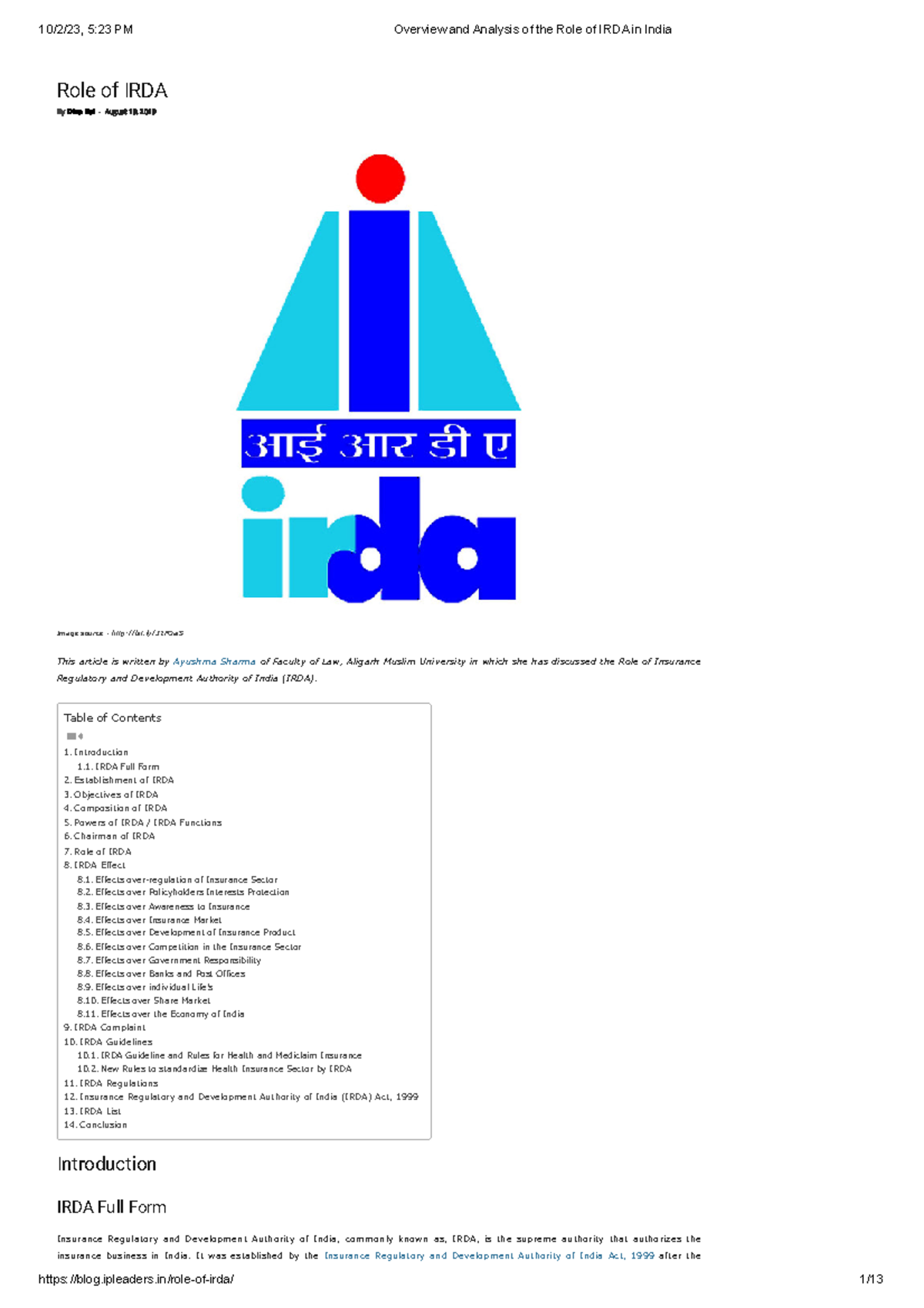Overview and Analysis of the Role of IRDA in India - Role of IRDA By ...