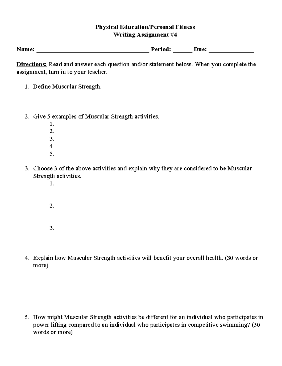 PE Writing Assignment 4 - Physical Education/Personal Fitness Writing ...