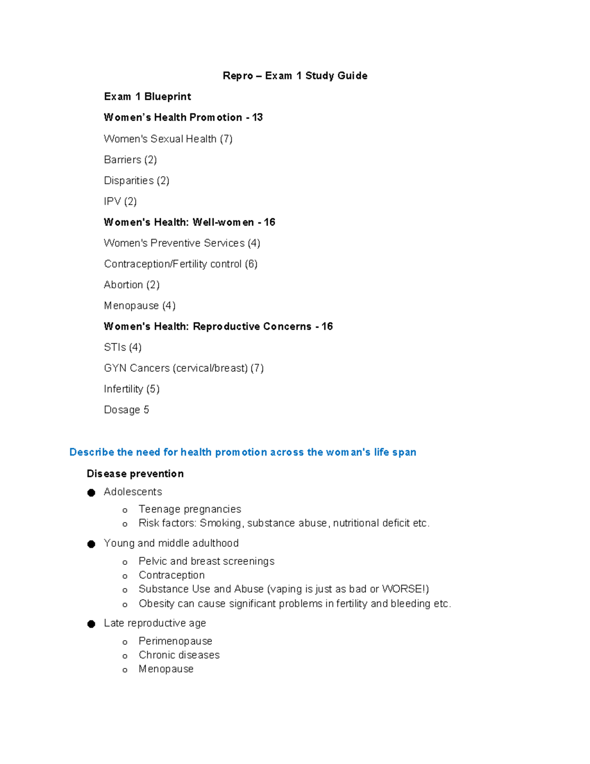 Repro - Exam I Study Guide - Repro – Exam 1 Study Guide Exam 1 Blueprint Women’s Health ...