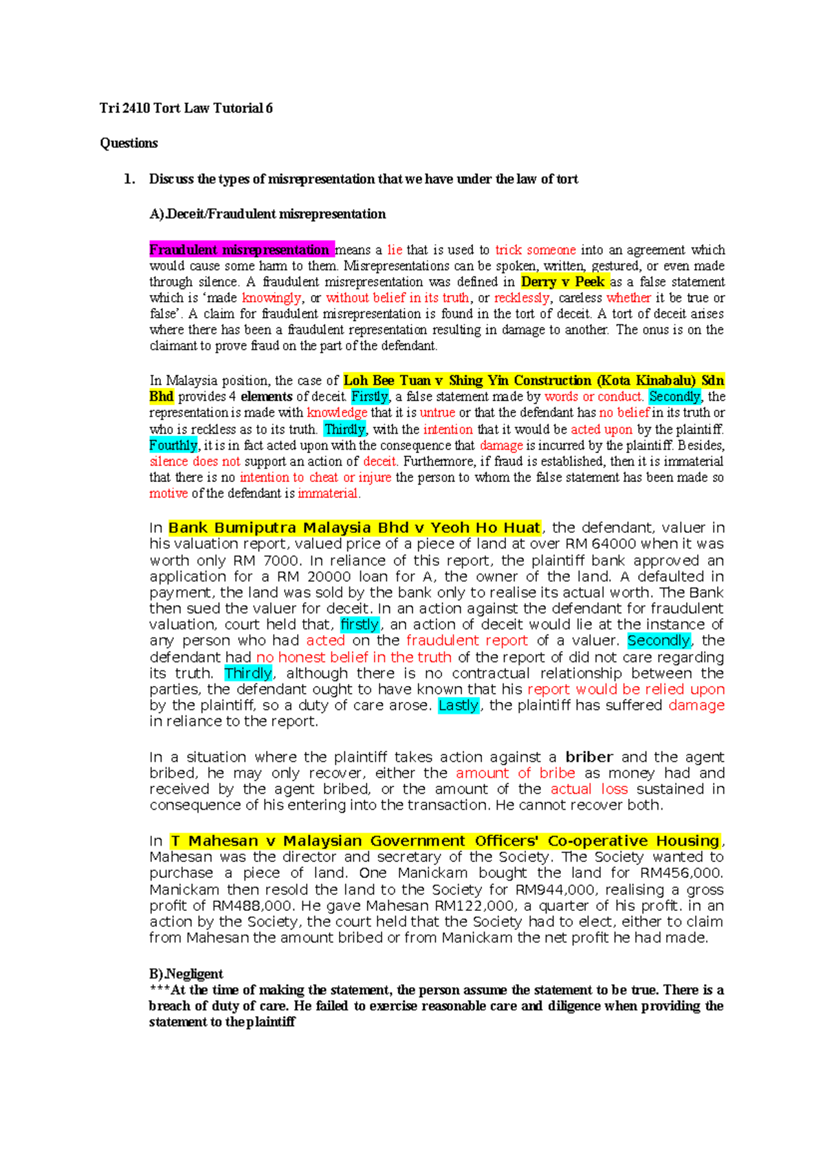 Tutorial 6 & Replacement - Tri 2410 Tort Law Tutorial 6 Questions 1. Discuss the types of - Studocu