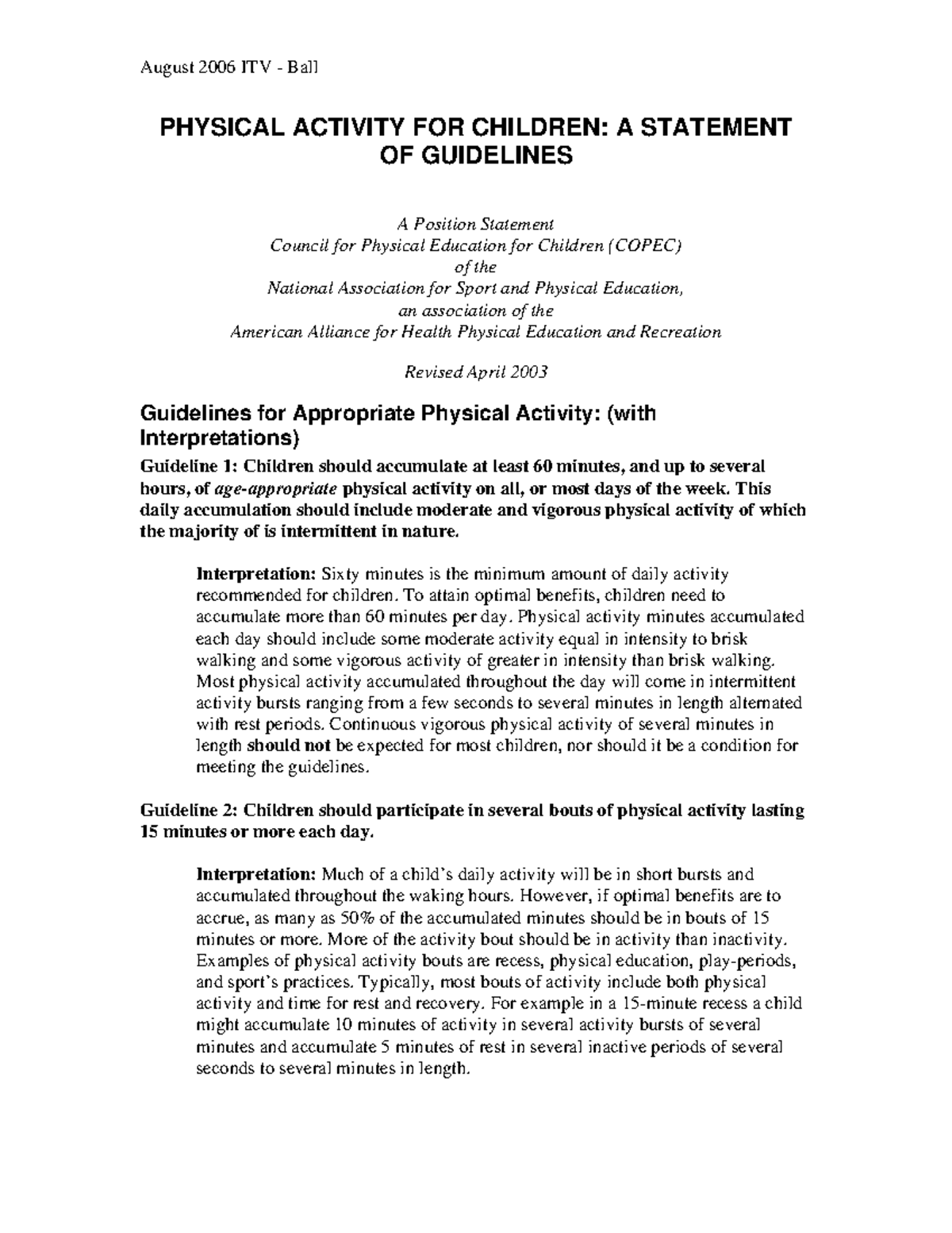 Physical Activity FOR Children- A Statement OF Guidelines - PHYSICAL ...