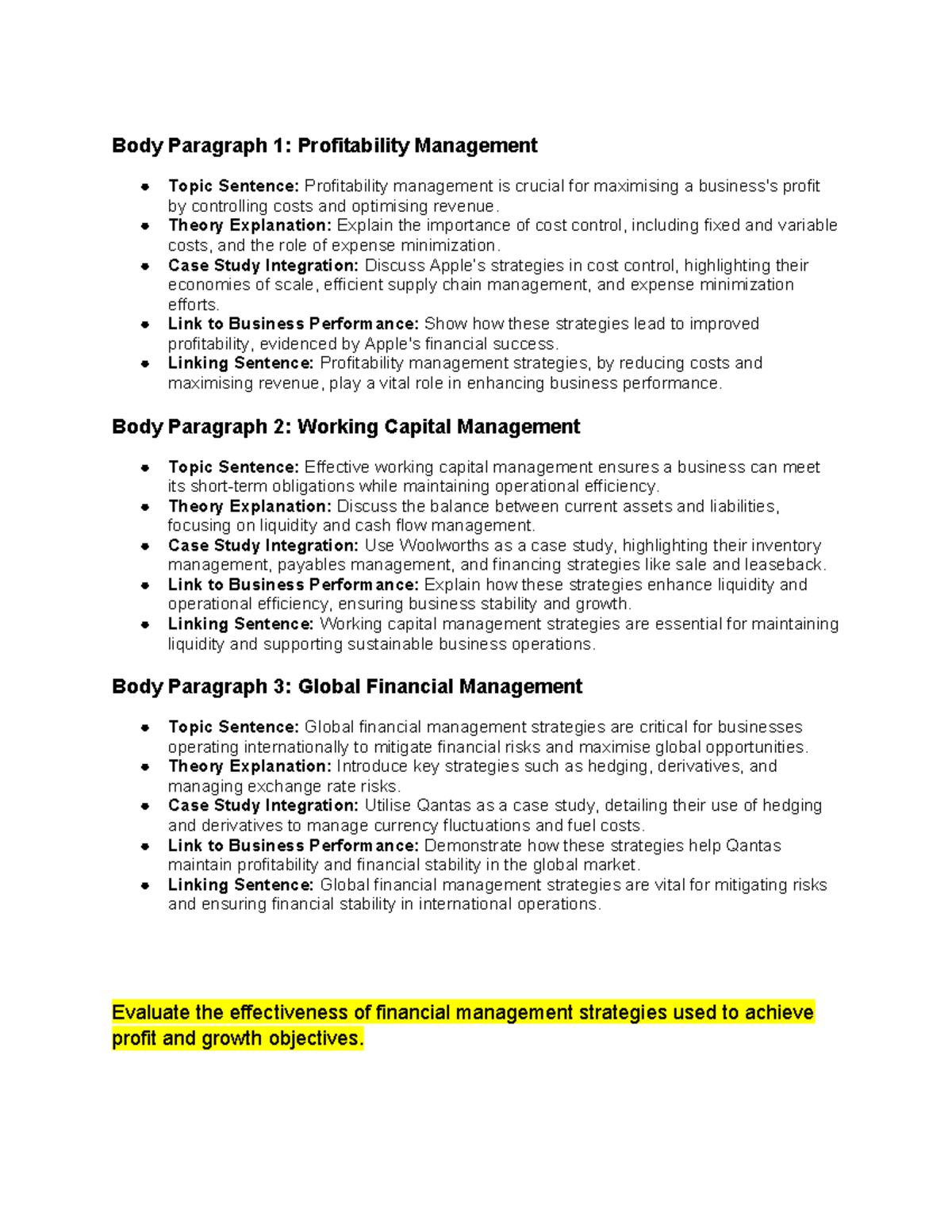Business Studies essay. Finance - Body Paragraph 1: Profitability ...