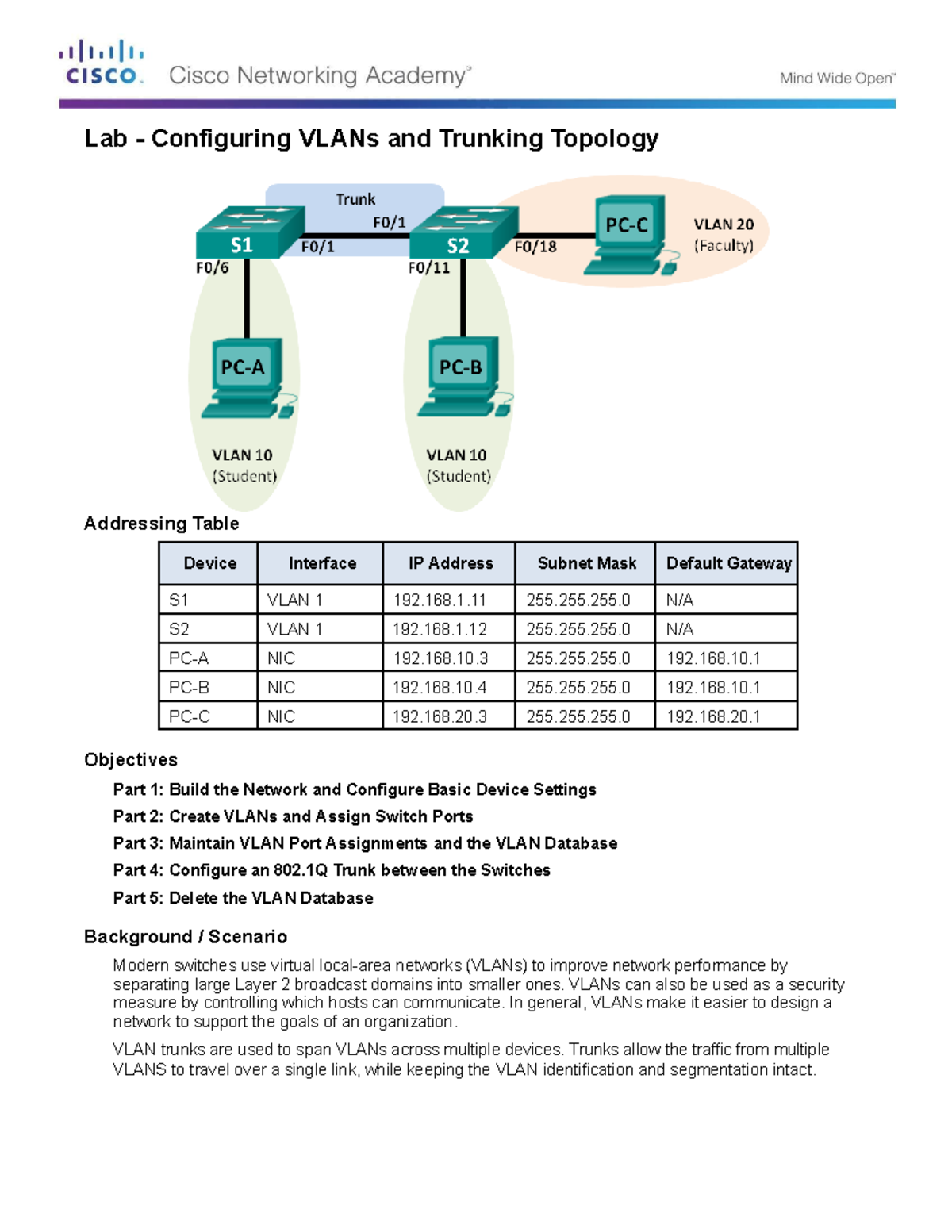 Lab 8 Lab 82 Lab Configuring Vlans And Trunking Topology Addressing Table Device