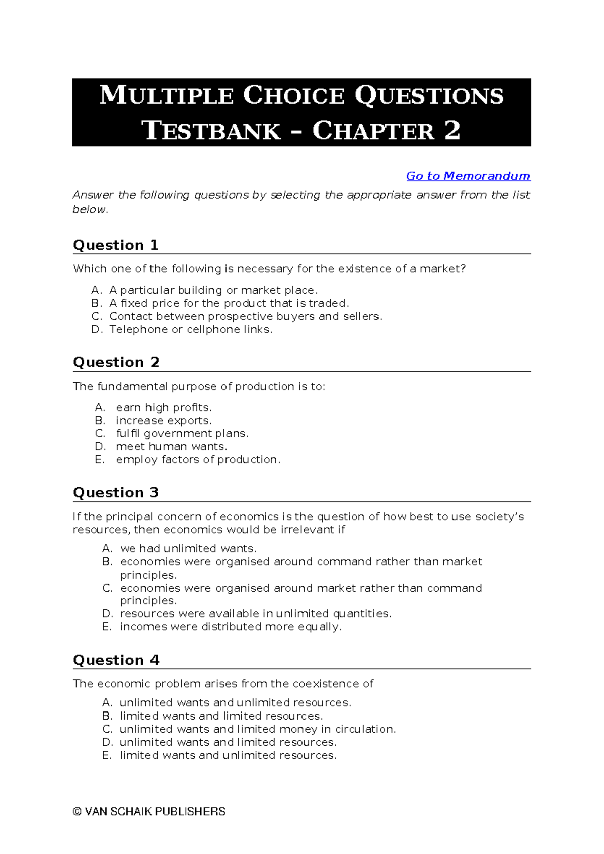 Economics - Chapter 2 - MULTIPLE CHOICE QUESTIONS TESTBANK – CHAPTER 2 ...