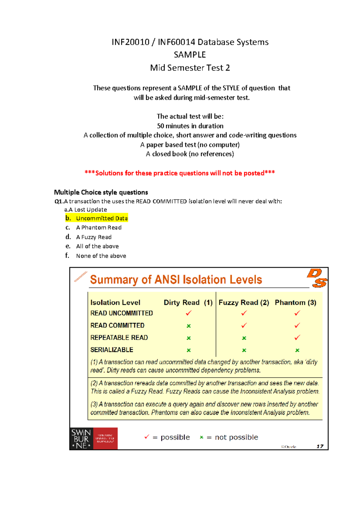 Sample/practice exam 13 October 2017, questions and answers - INF20010 / INF60014 Database ...
