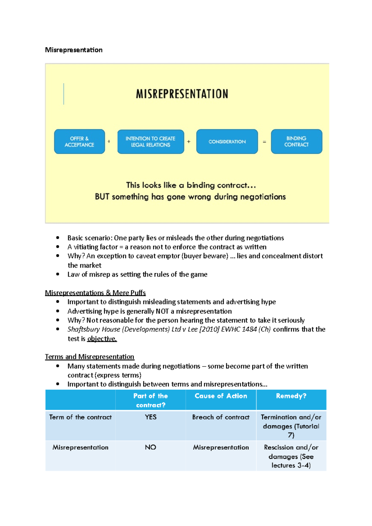 Misrepresentation - First year - Misrepresentaion Basic scenario: One ...