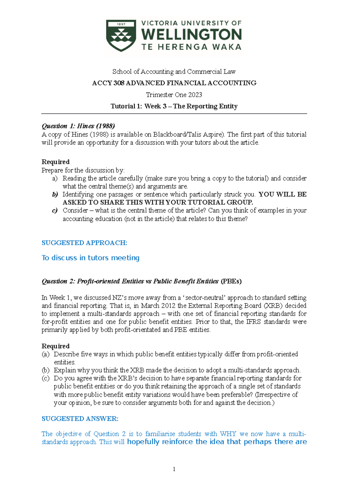 Tutorial 1 Solutions - School of Accounting and Commercial Law ACCY 308 ...