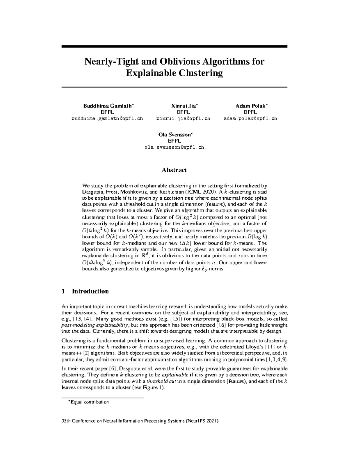 (4)Neur IPS 2021 nearly tight and oblivious algorithms for explainable ...