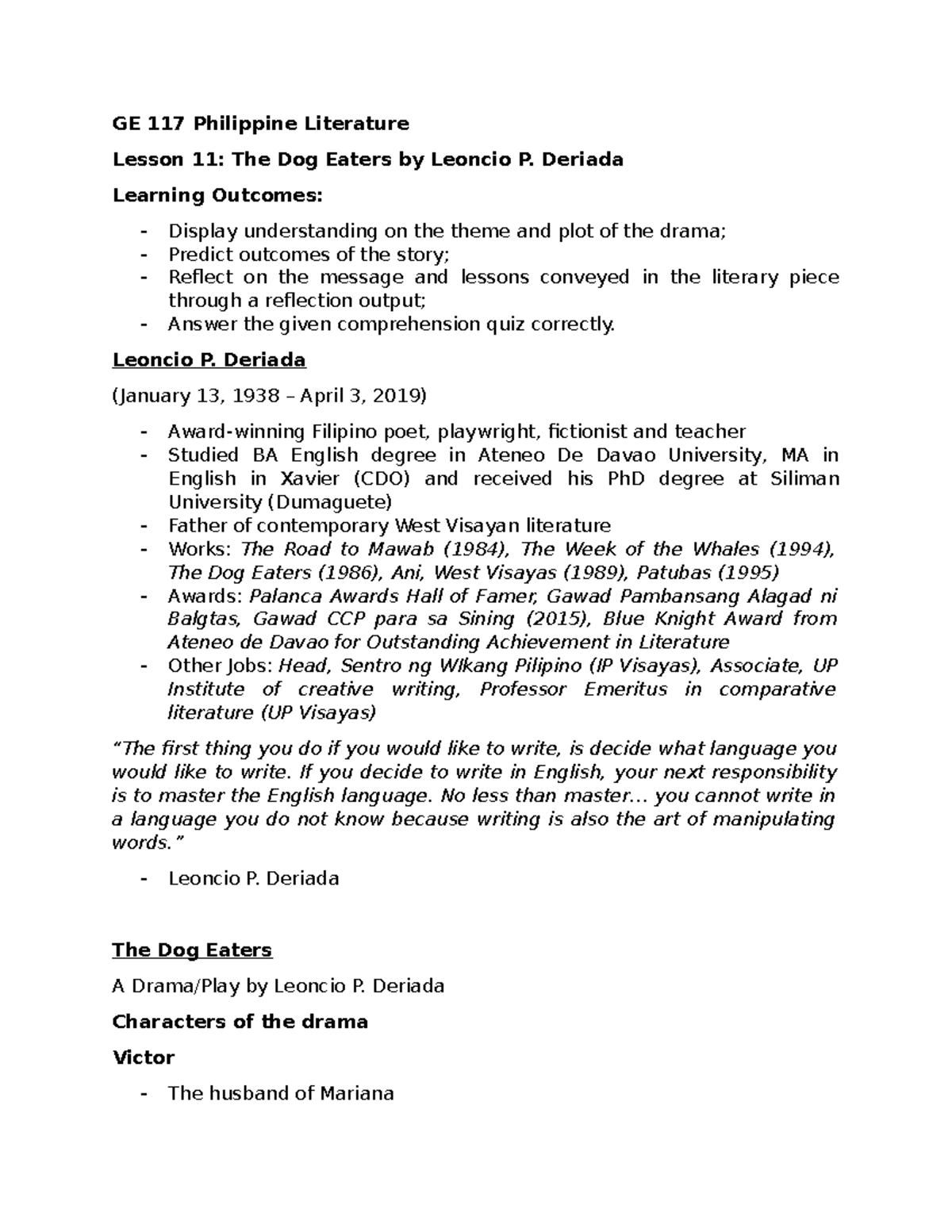 Lesson 11 The Dog Eaters by Leoncio P. Deriada - GE 117 Philippine ...