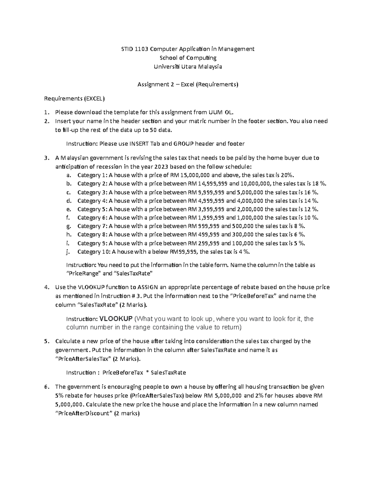 Assignment 2 Excel Requirements - STID 1103 Computer Application in ...
