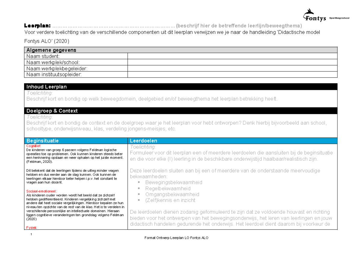 Format Ontwerpen Lessen LO Fontys ALO 22-23 - Leerplan: - Studeersnel