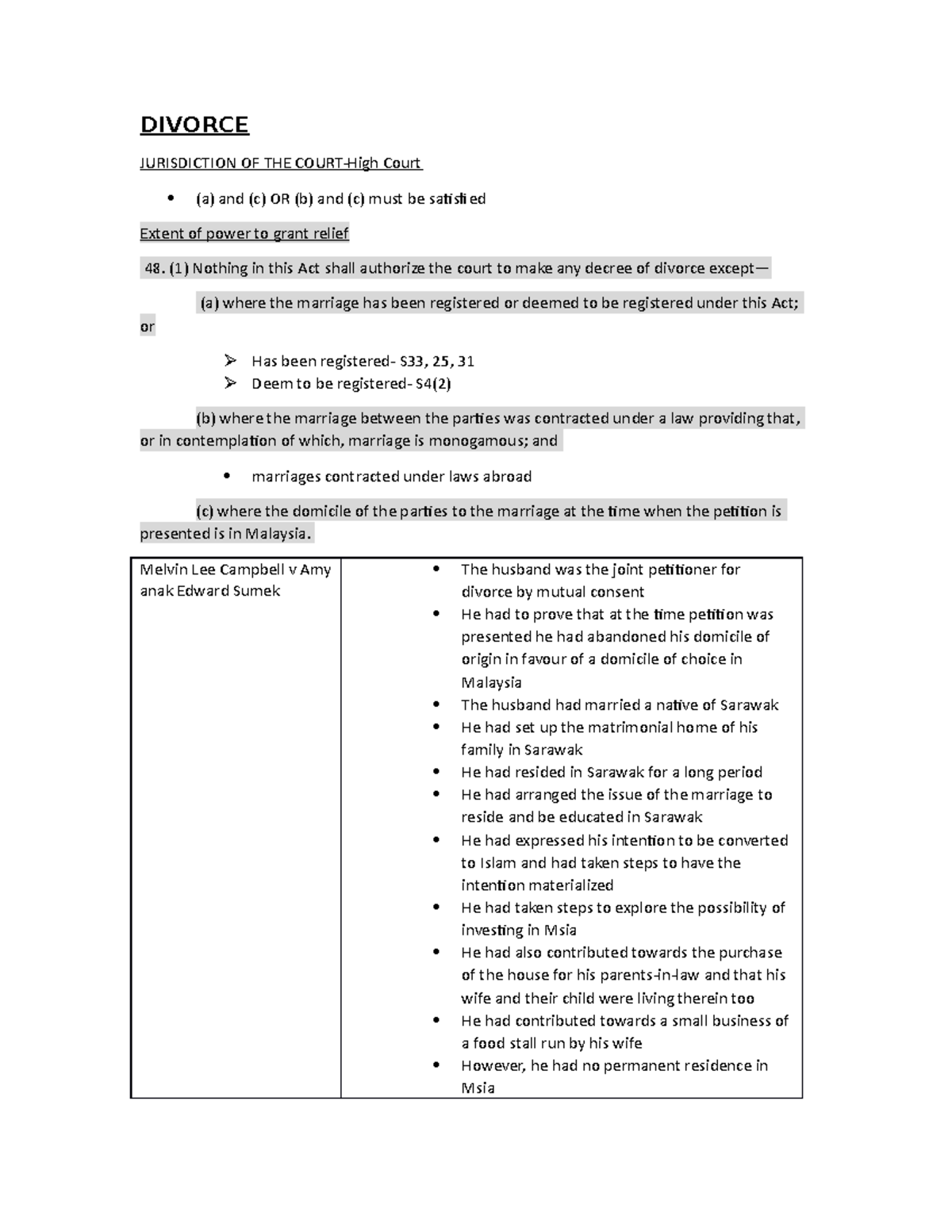Divorce - Case summary - DIVORCE JURISDICTION OF THE COURT-High Court ...