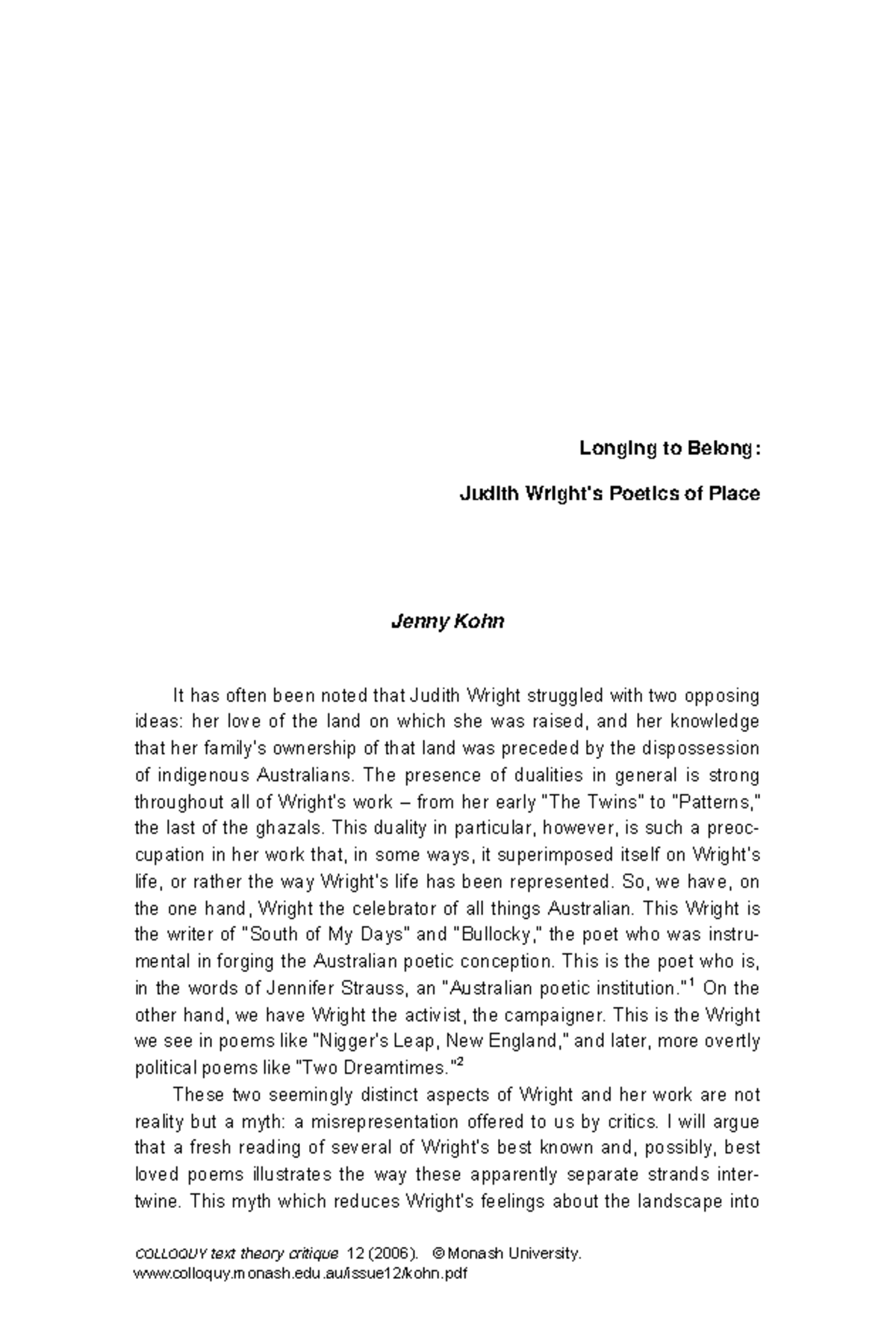 Longing to Belong Judith Wright's Poetics of Place - Longing to Belong ...