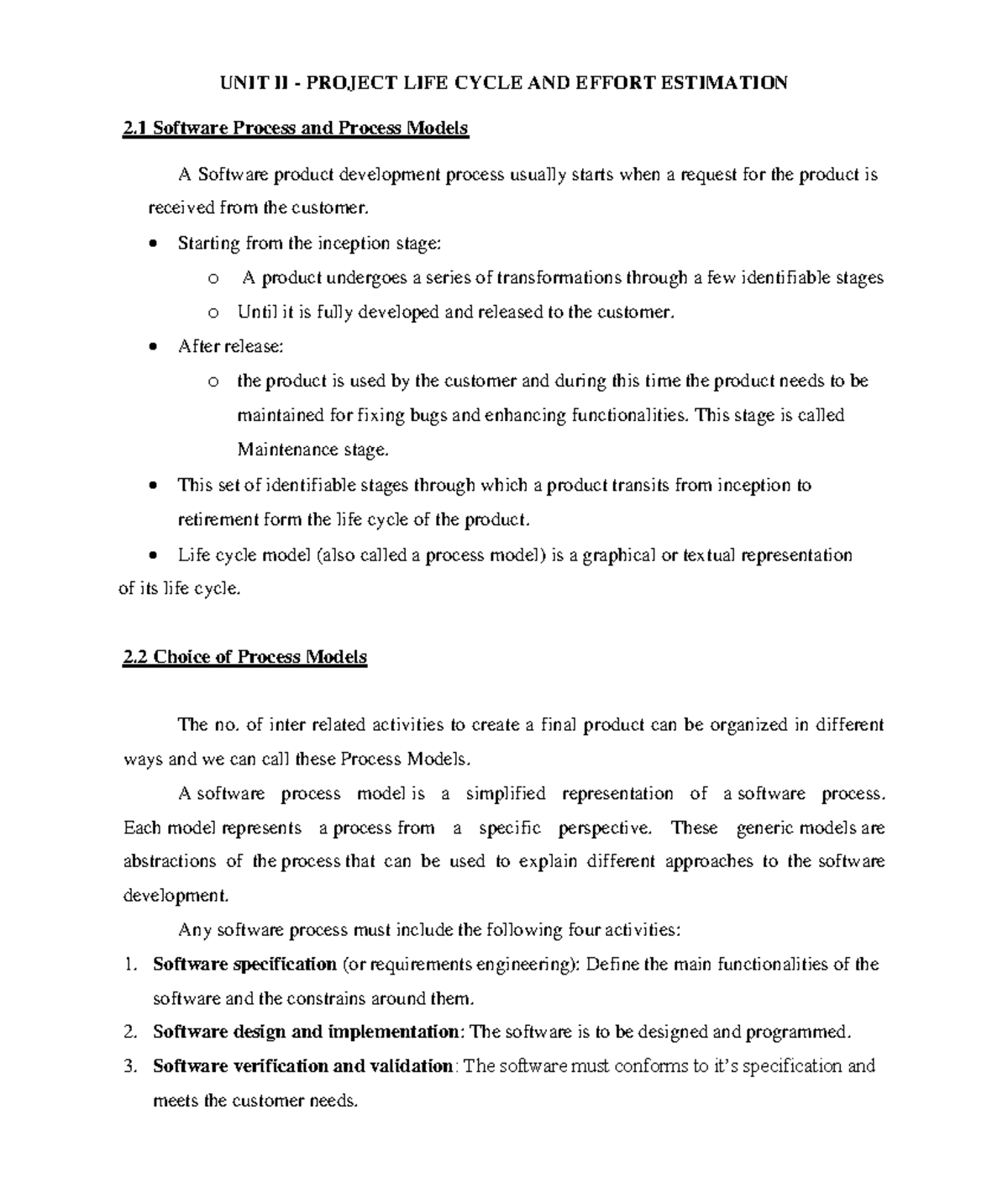 M2 - Good - UNIT II - PROJECT LIFE CYCLE AND EFFORT ESTIMATION 2 Software Process and Process ...