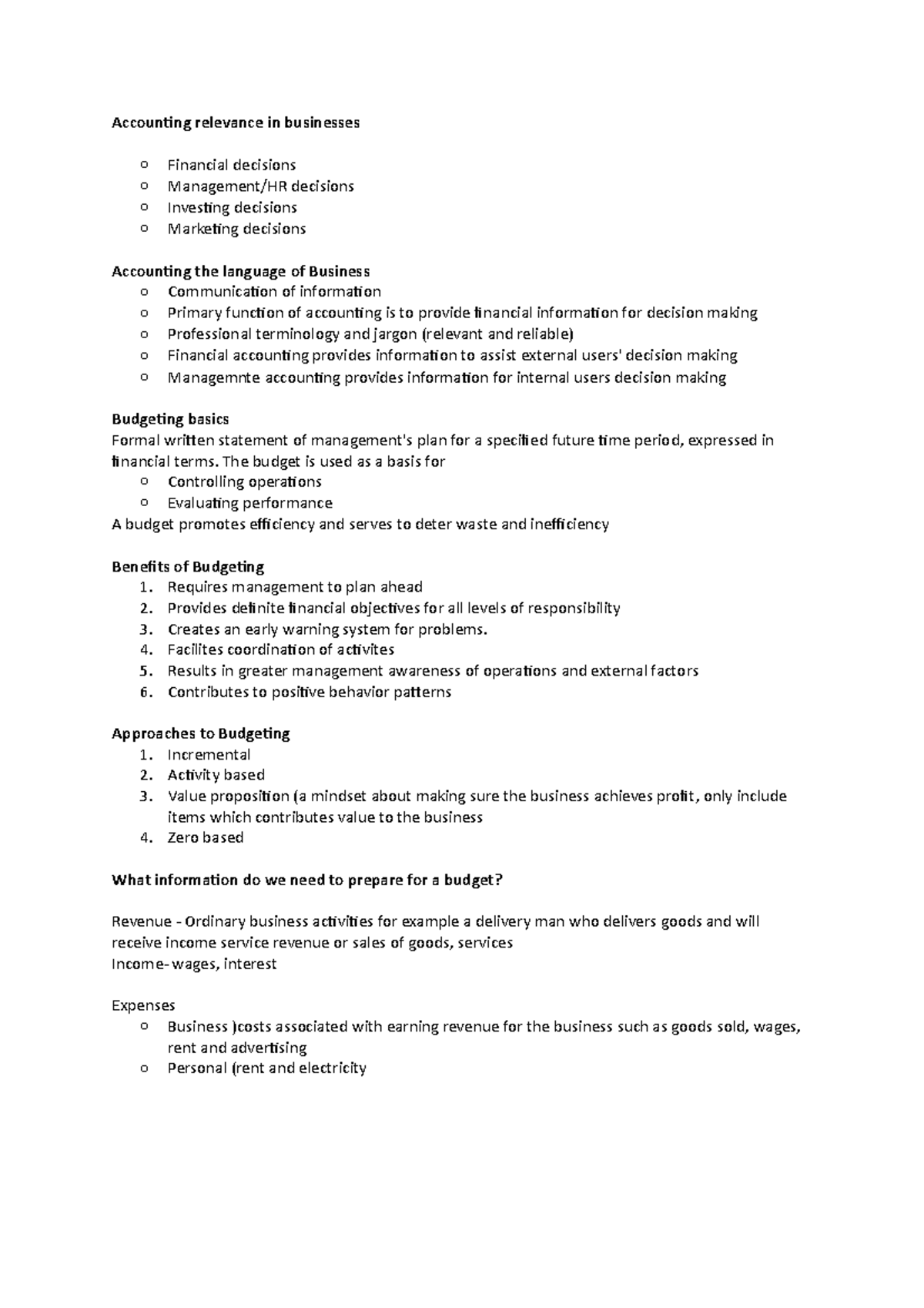 107 week 1 notes - Accounting relevance in businesses o Financial ...
