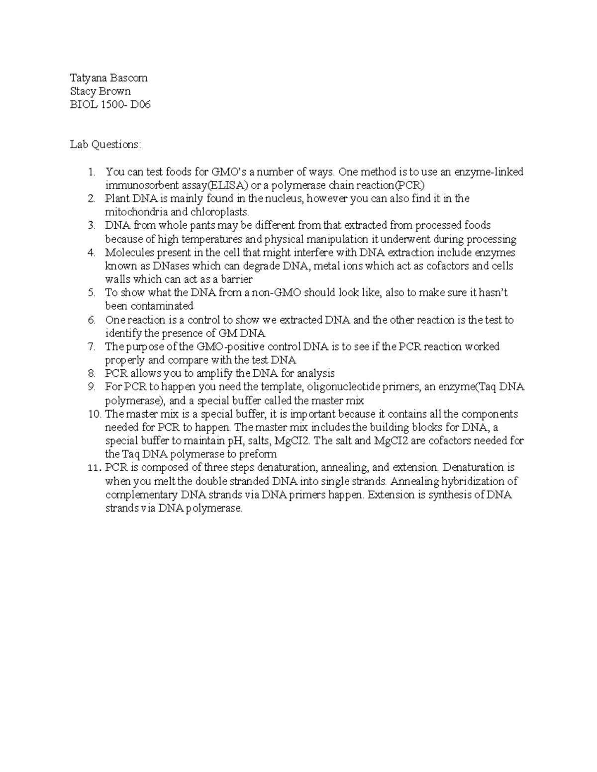 Lab 9 Genetically Modified Food pt - Tatyana Bascom Stacy Brown BIOL ...