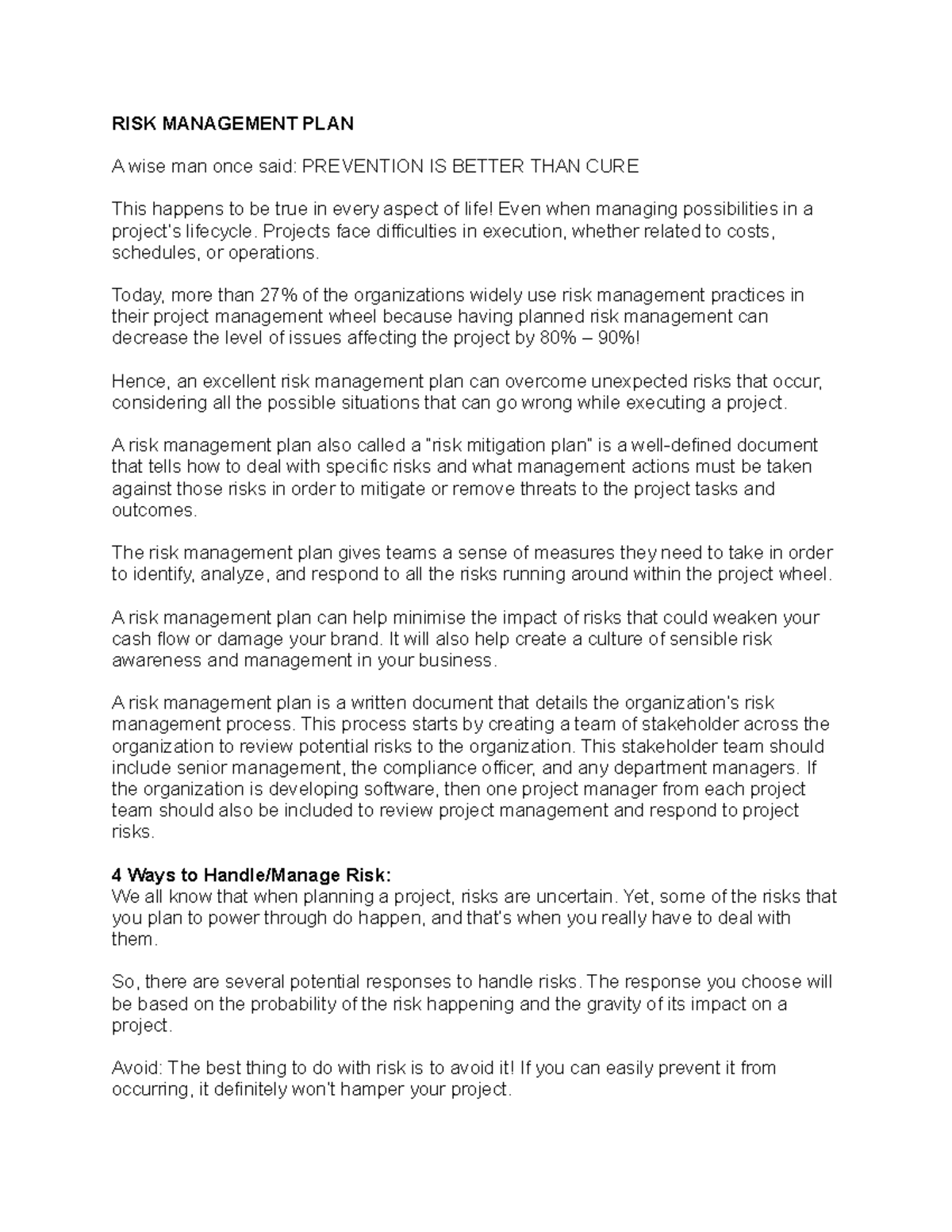 RISK Management PLAN - Lecture notes 1 - RISK MANAGEMENT PLAN A wise ...