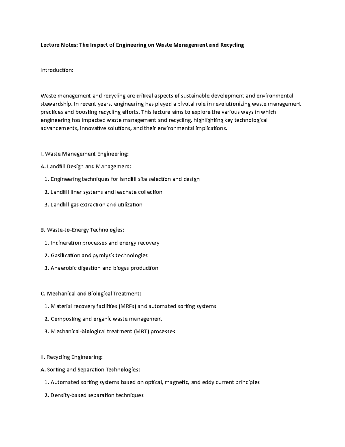 Lecture Notes: The Impact of Engineering on Waste Management and ...