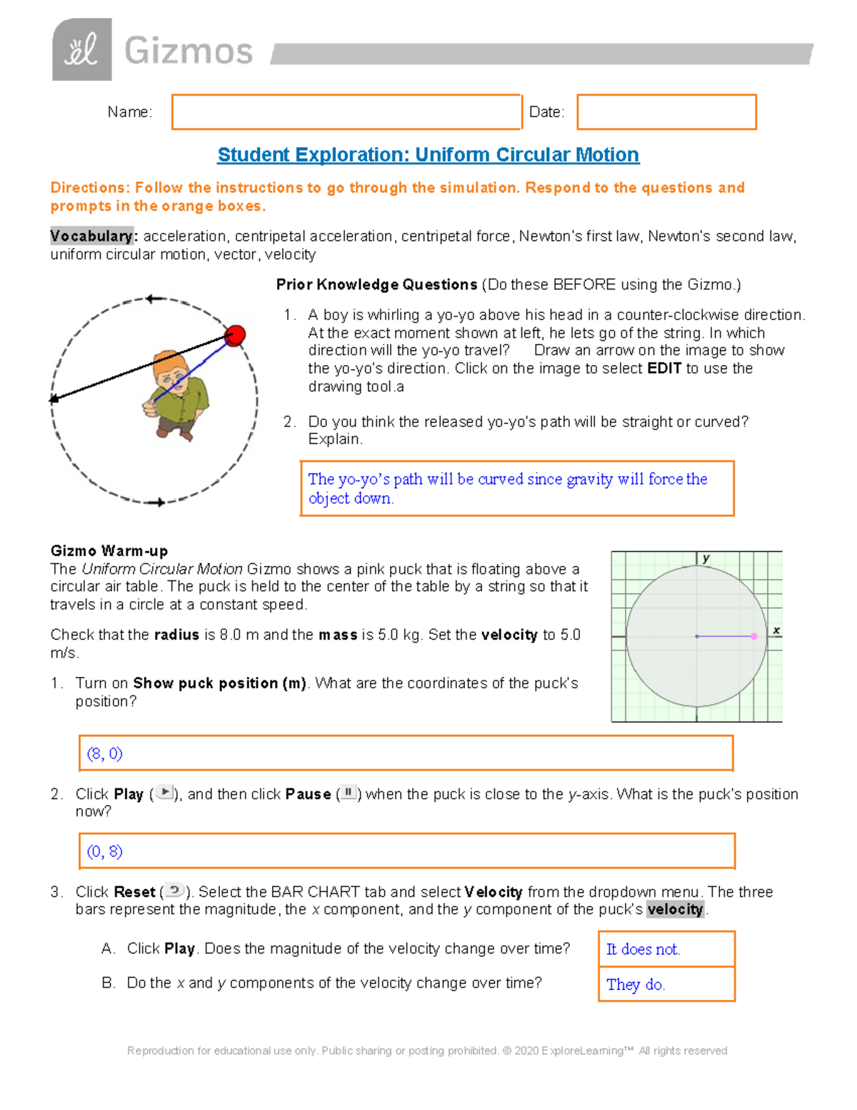 Uniform Circular Motion SE - Name: Date: Student Exploration: Uniform Circular Motion Directions ...