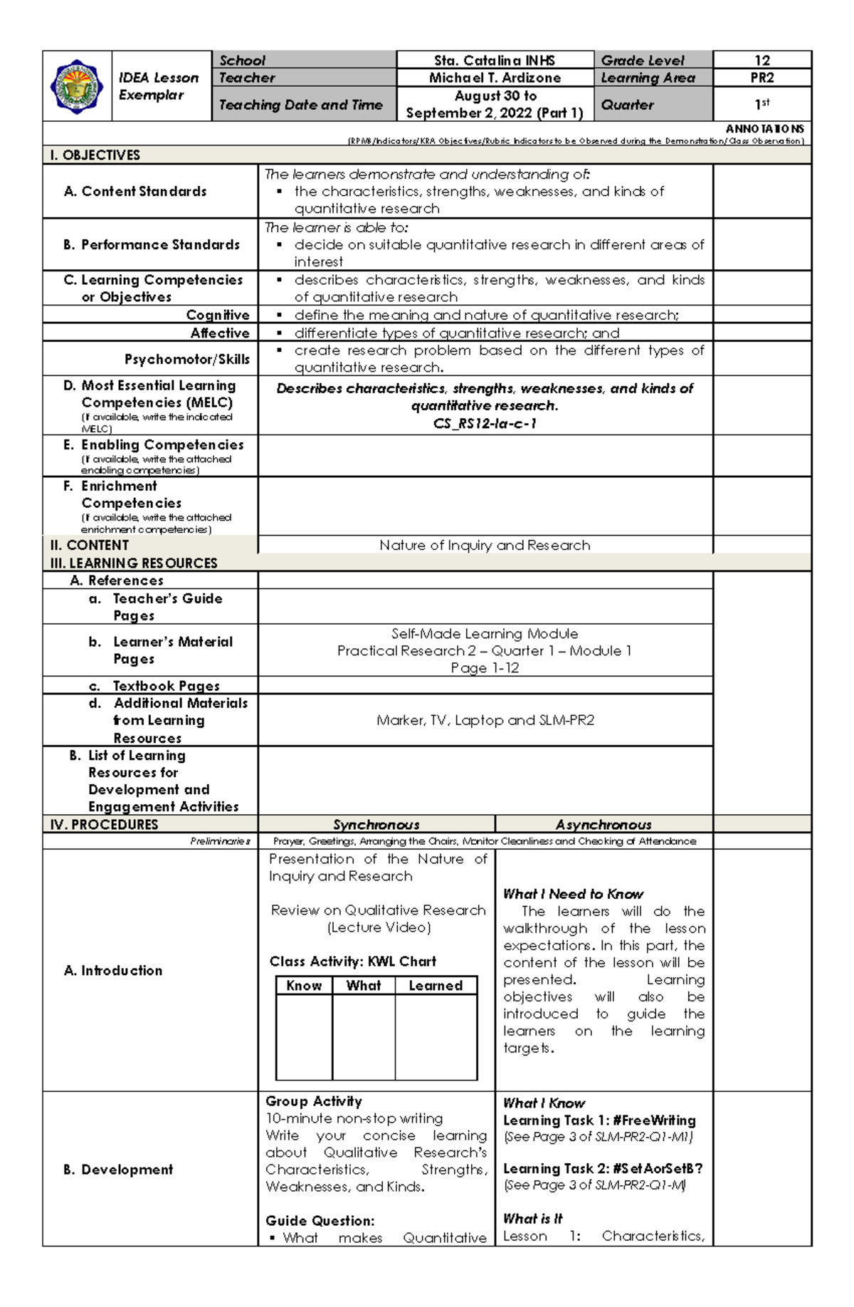 Week 2 - Practical Research 2 - IDEA Lesson Exemplar School Sta ...