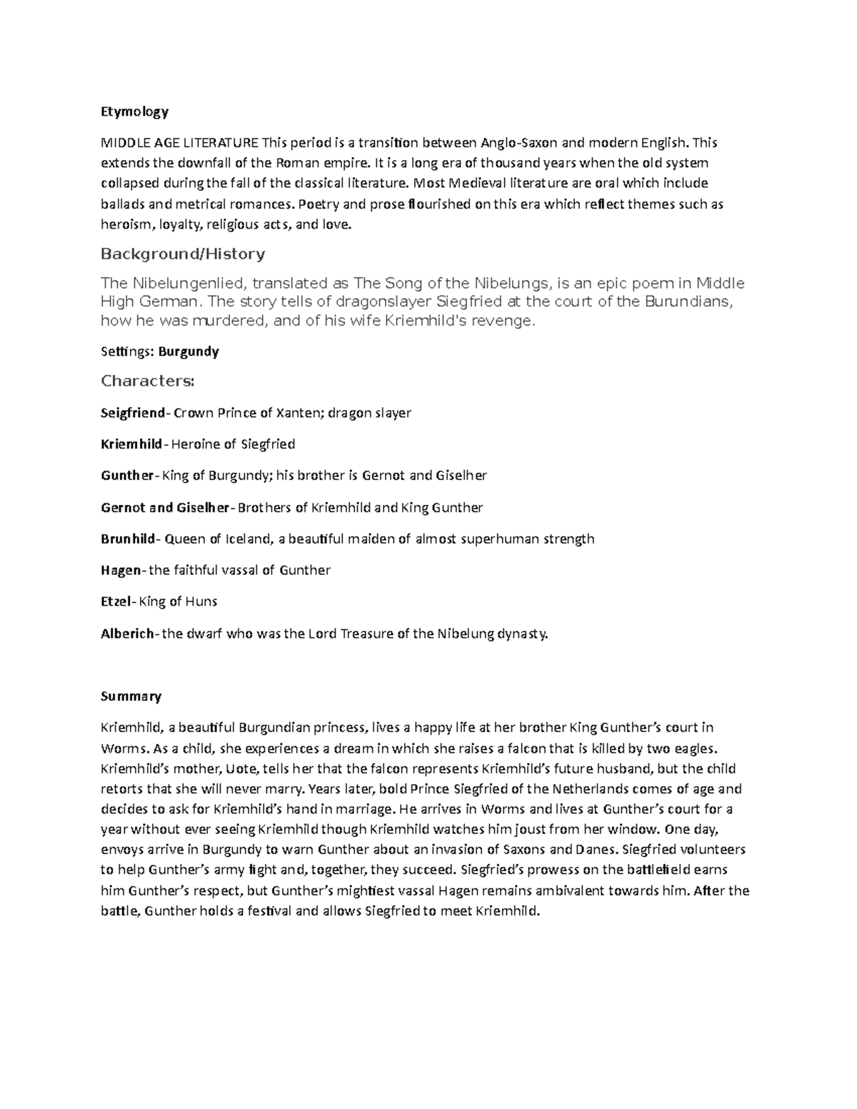 The Summary of The Nibelungenlied by unkown - Etymology MIDDLE AGE ...