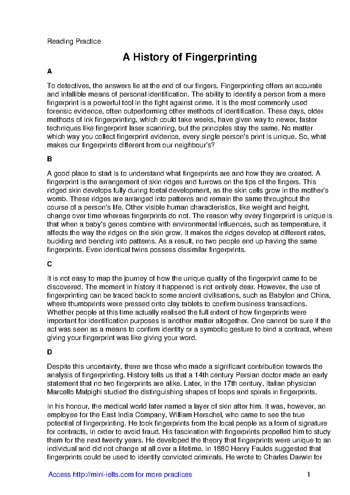 A history of fingerprinting - Reading Practice A History of ...