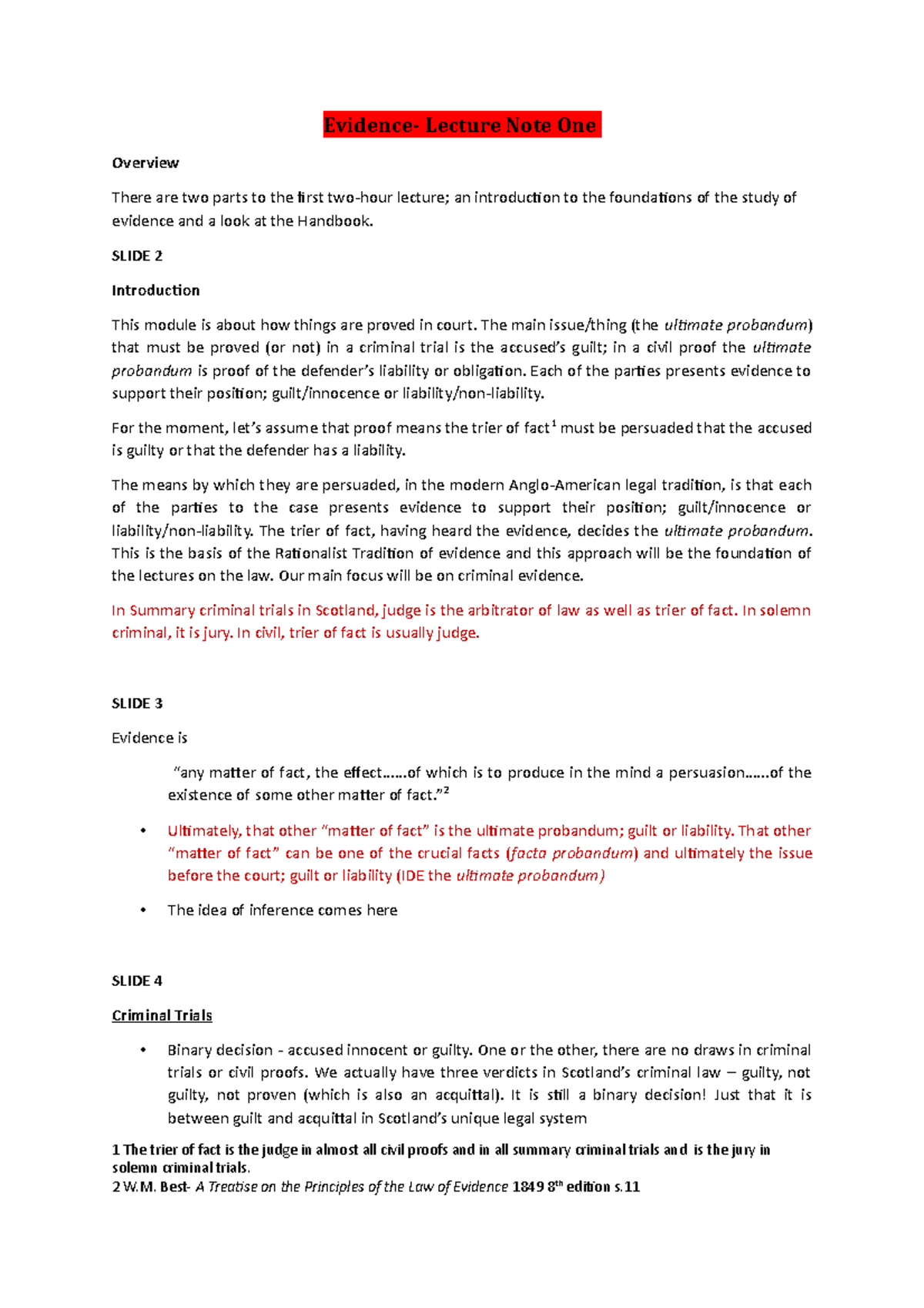 Evidence NOTE ONE - Lecture notes 1 - Evidence- Lecture Note One ...
