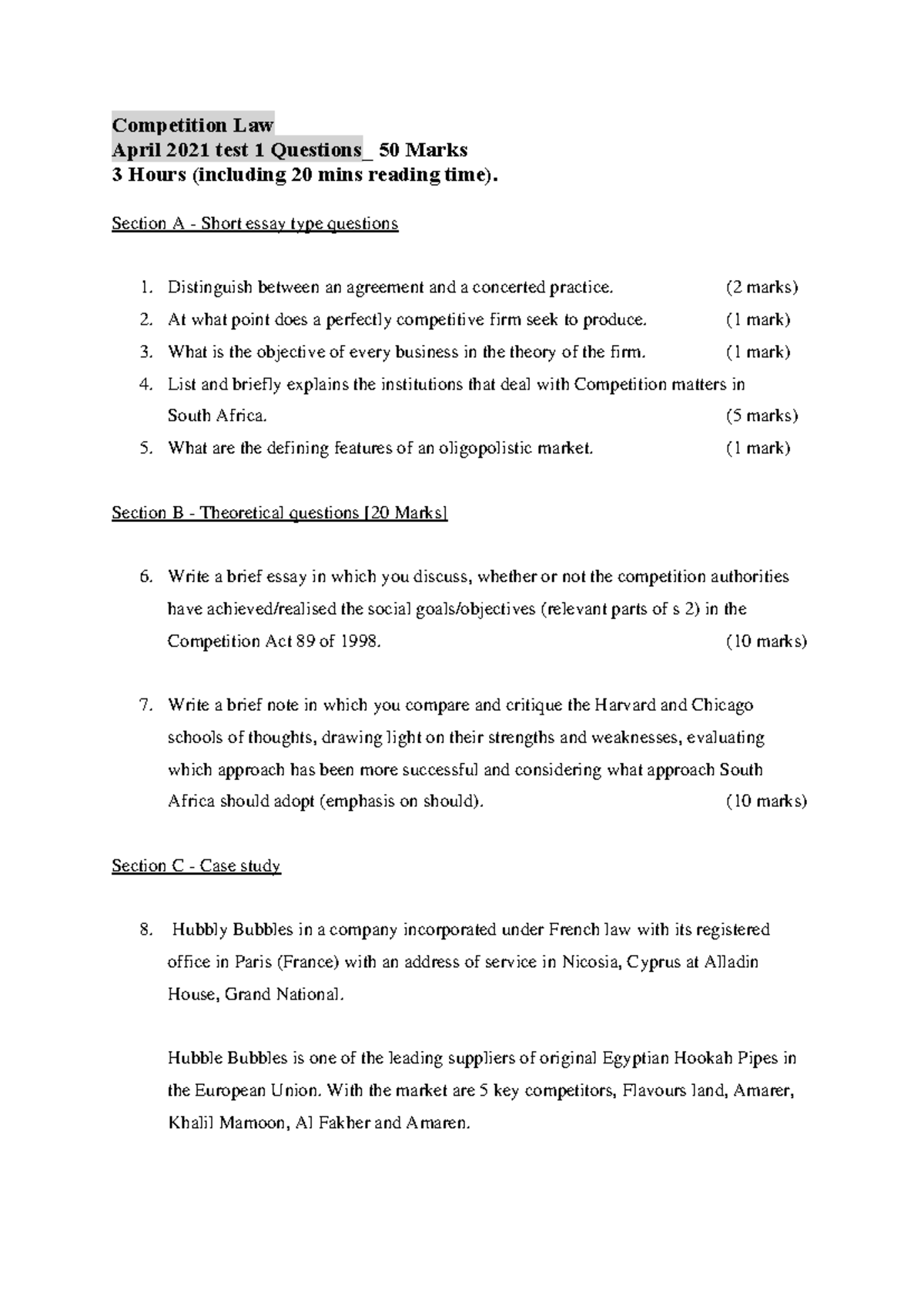 April 2021 TEST 1 - Past paper - Competition Law April 2021 test 1 ...