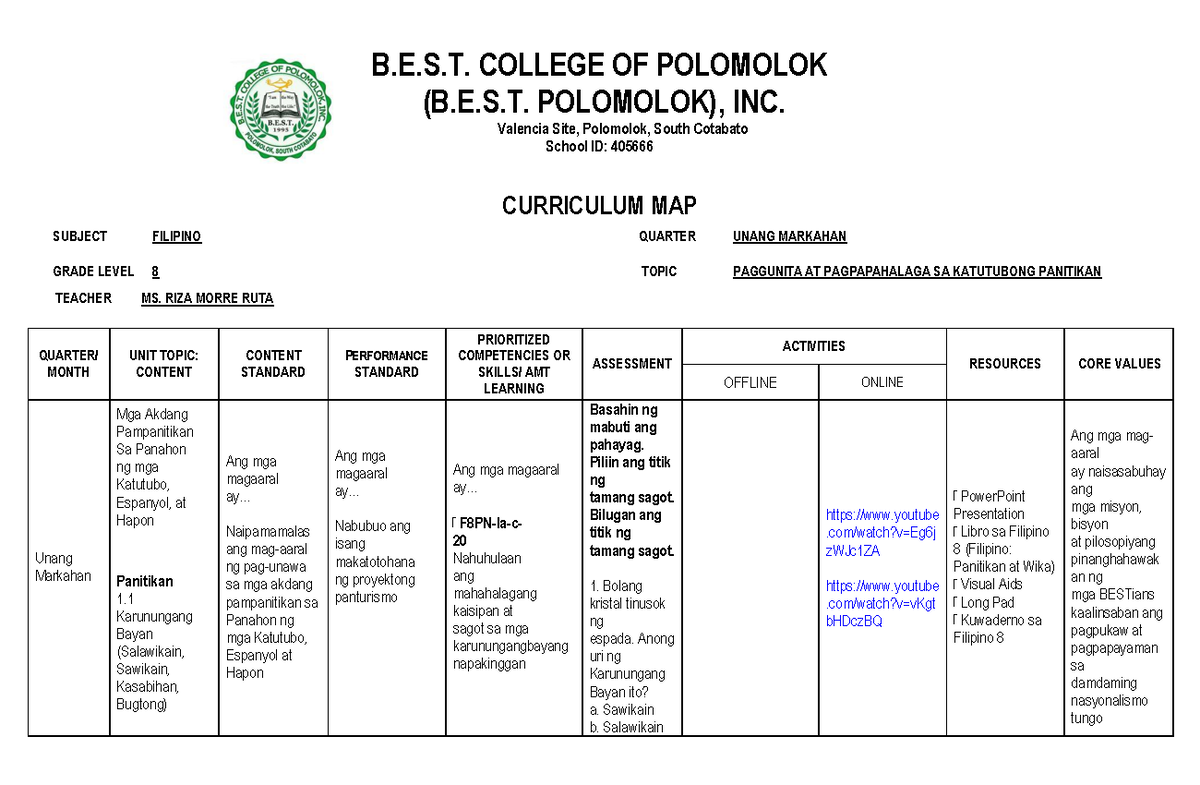 Grade 8 Filipino CUR MAP First Quarter - B.E.S. COLLEGE OF POLOMOLOK (B.E.S. POLOMOLOK), INC ...