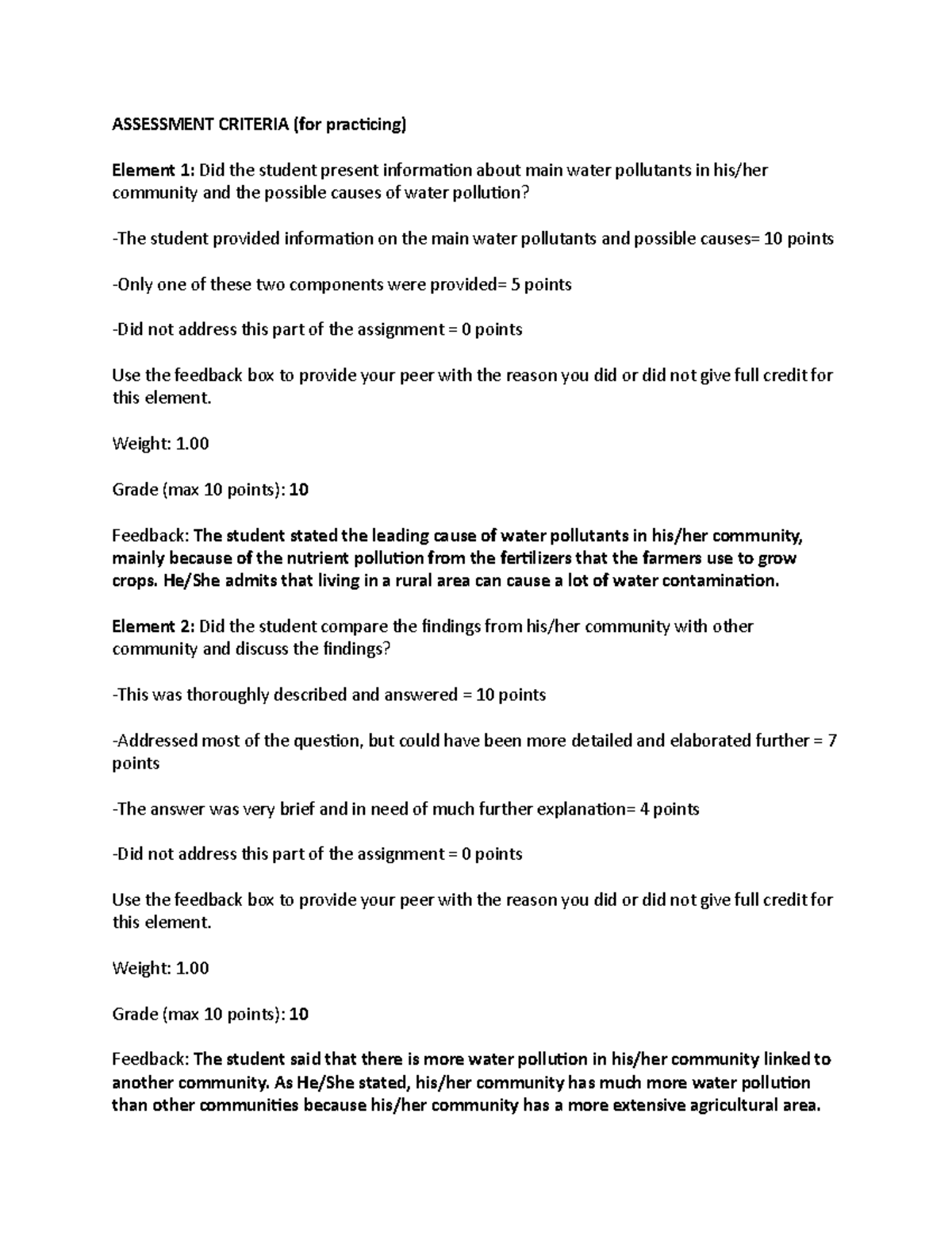 UNIV 1001 Unit 2 sample peer review rubric - English Skills Enhancement ...