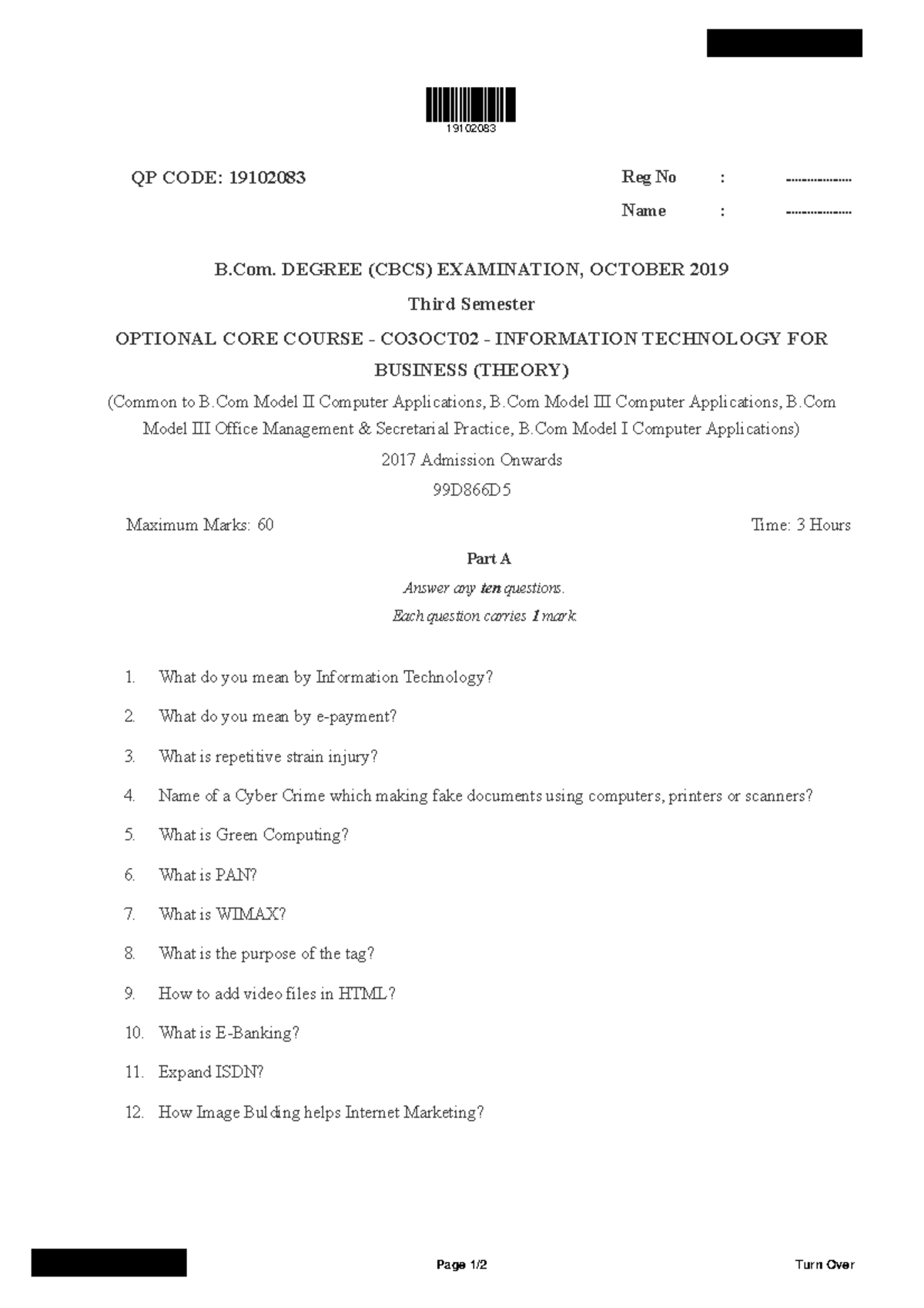 Bcom 3 sem information technology for business theory 19102083 oct 2019 - QP CODE: 19102083 Reg ...