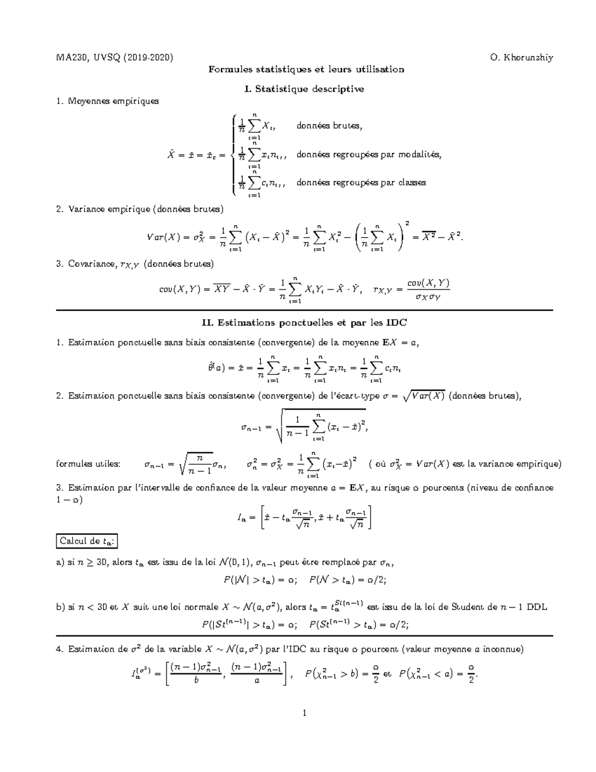 Formules statistiques - MA230, UVSQ (2019-2020) O. Khorunzhiy Formules ...
