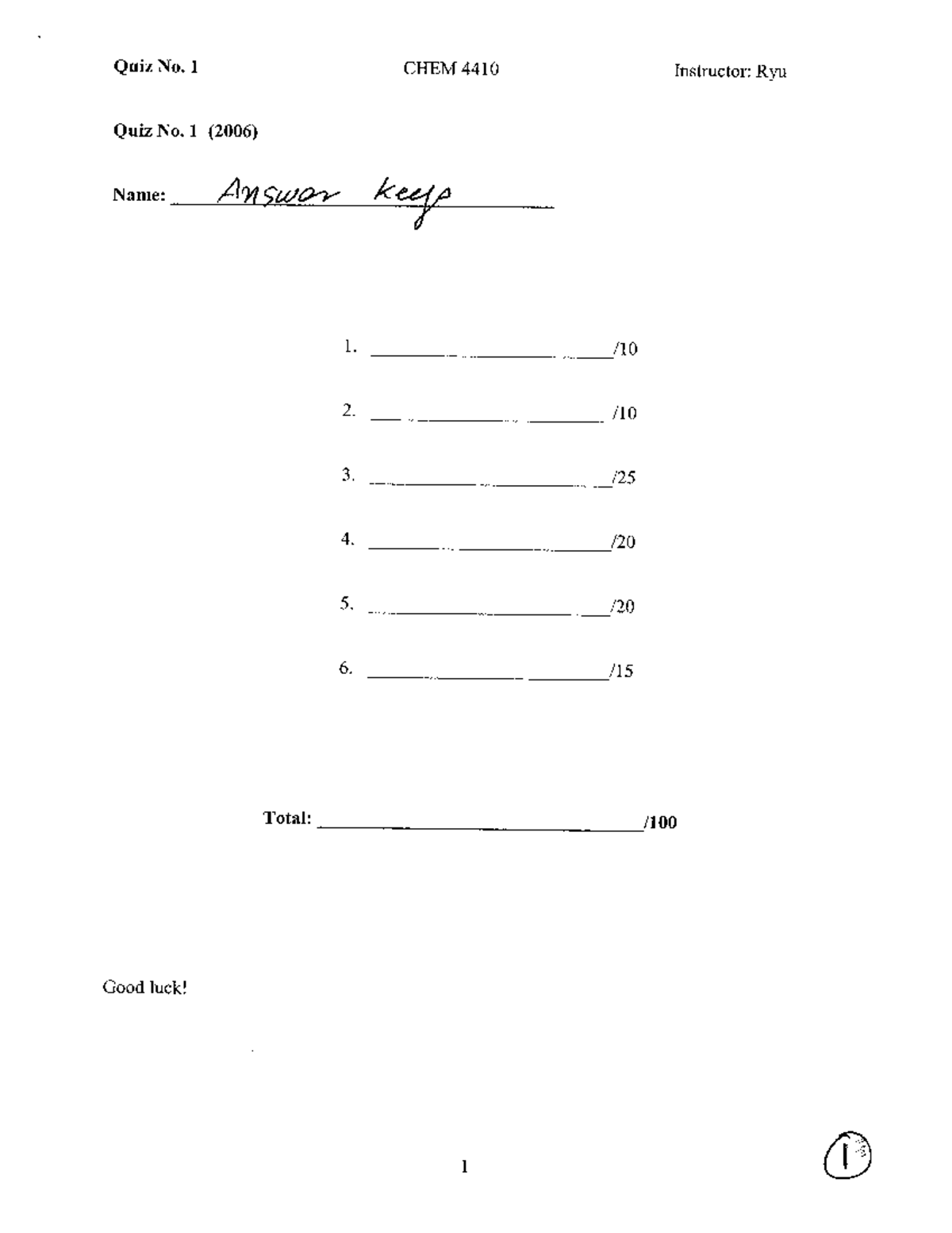 Pchem exam 1 answer key - Course work - CHEM 4760 - Studocu