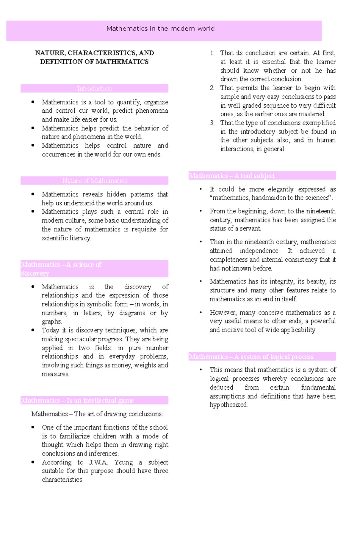 Mathematics in the modern world - NATURE, CHARACTERISTICS, AND ...