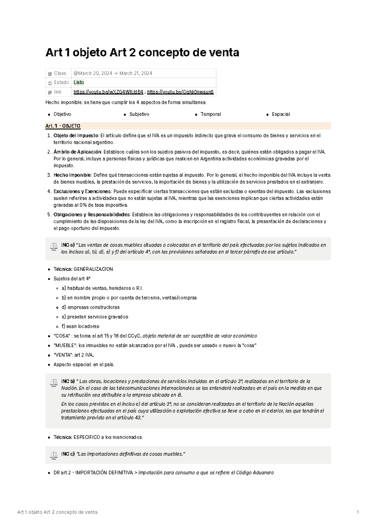 Art 1 objeto Art 2 concepto de venta - 1 OBJETO Objeto del Impuesto El ...