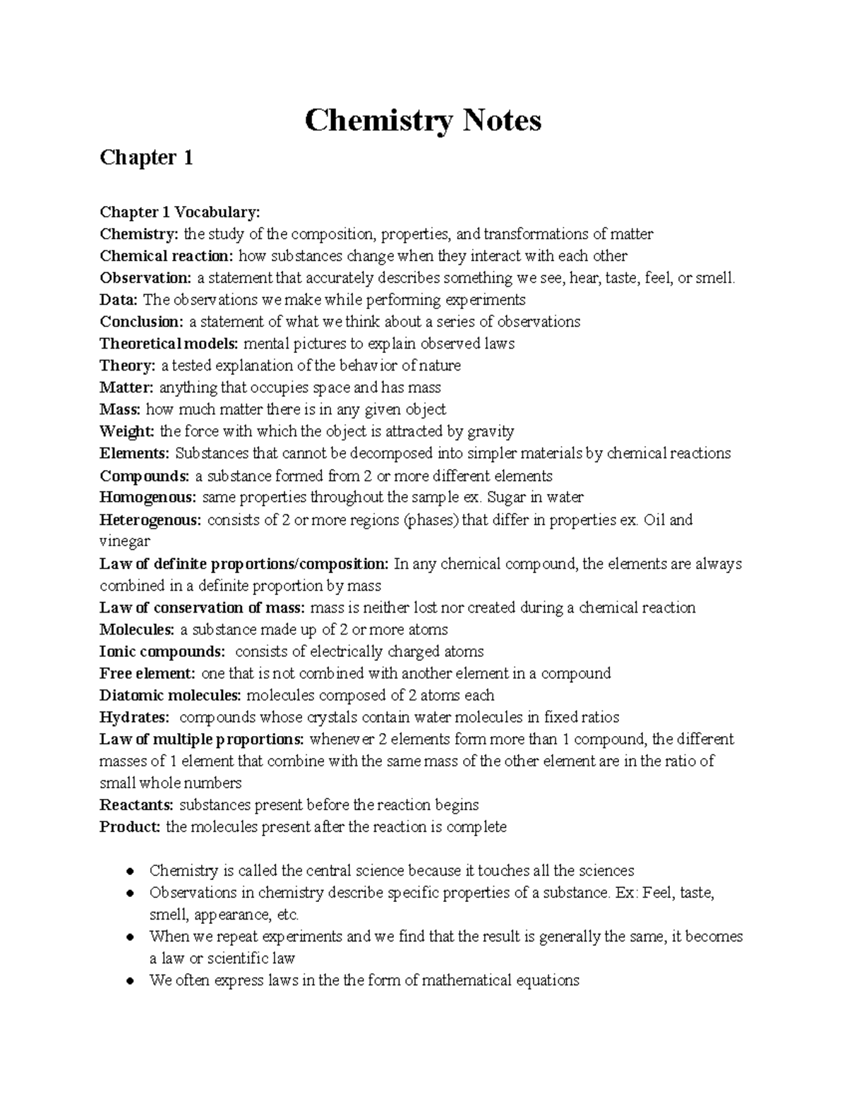 Chemistry Notes - Chemistry Notes Chapter 1 Chapter 1 Vocabulary ...