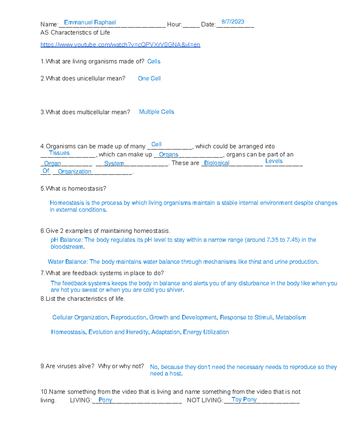 Amoeba Sisters Characteristicsof Life Questions - Name ...