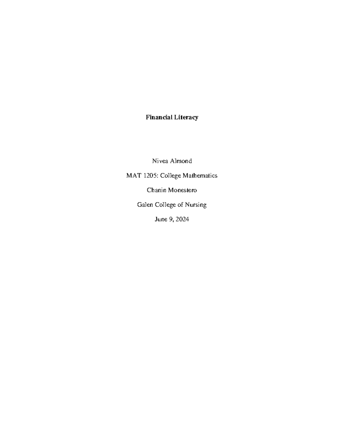Financial Literacy Paper - Financial Literacy Nivea Almond MAT 1205 ...